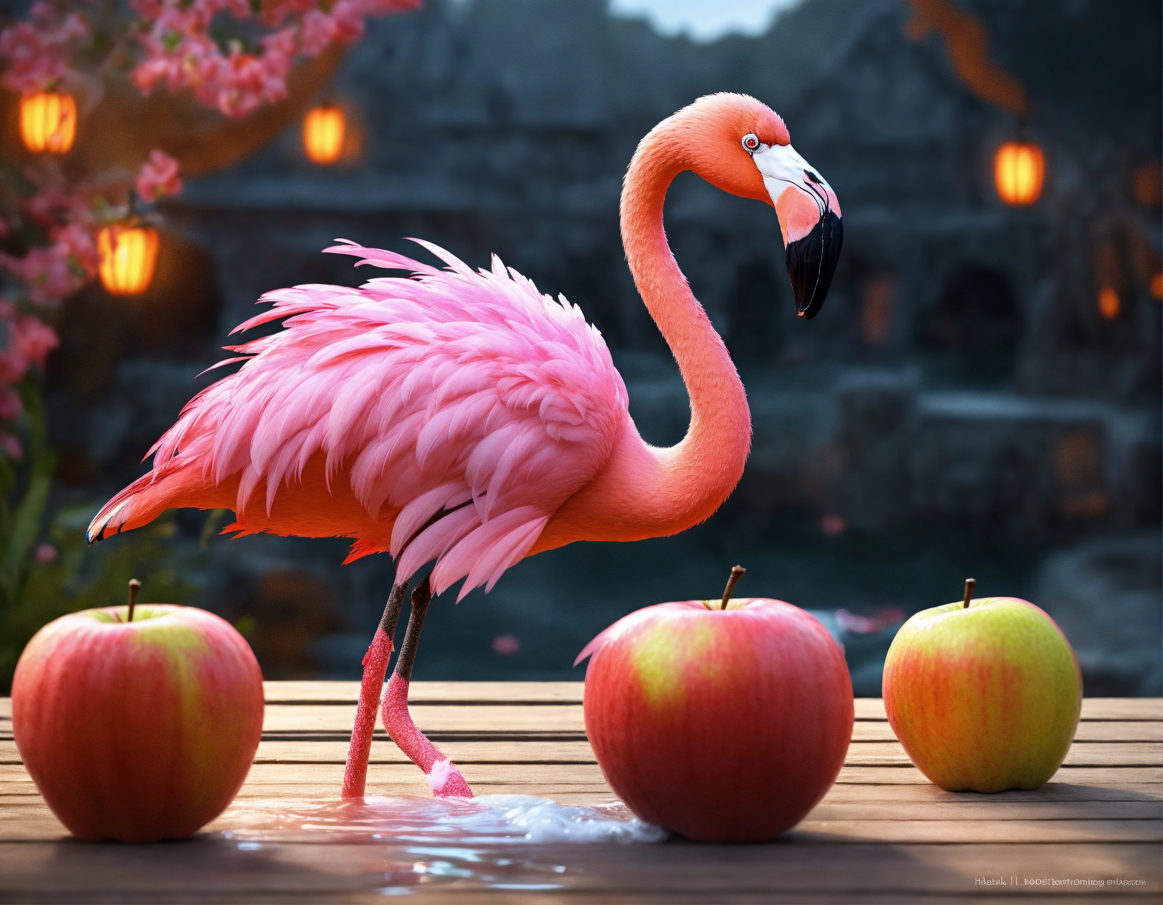 Lexica - A ‘pink flamingo in a dragon costume bobbing for apples on ...