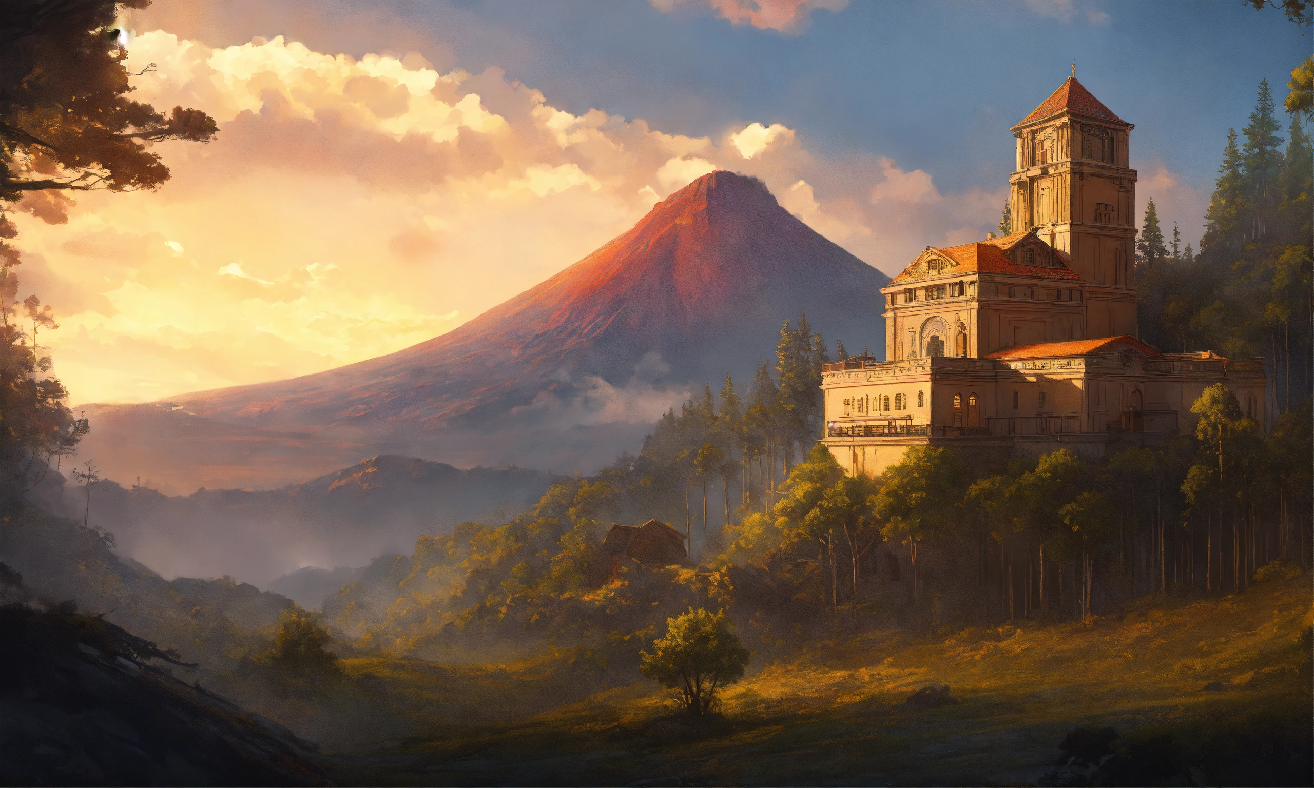 Lexica - Colonial fortress with dormant volcano in distance and pine ...