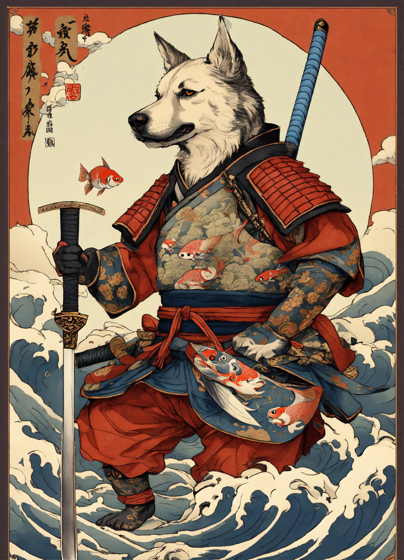 Lexica - There is a dog with a fish and a sword on a white background ...