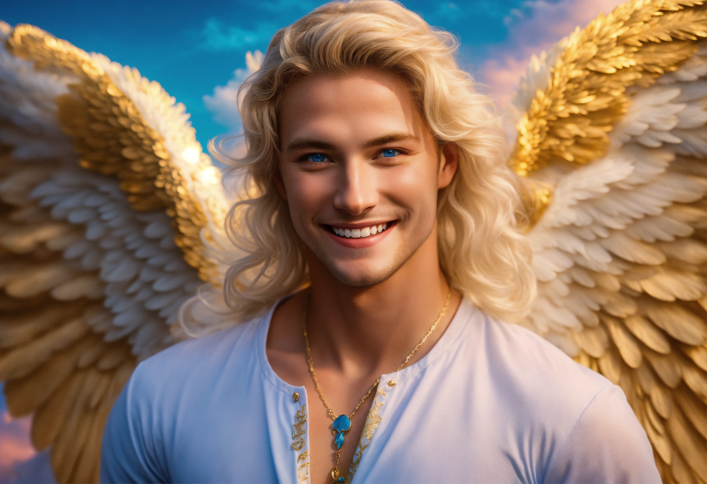 Lexica - Angel man blond blue eyes, large angel wings, fantasy clothes ...