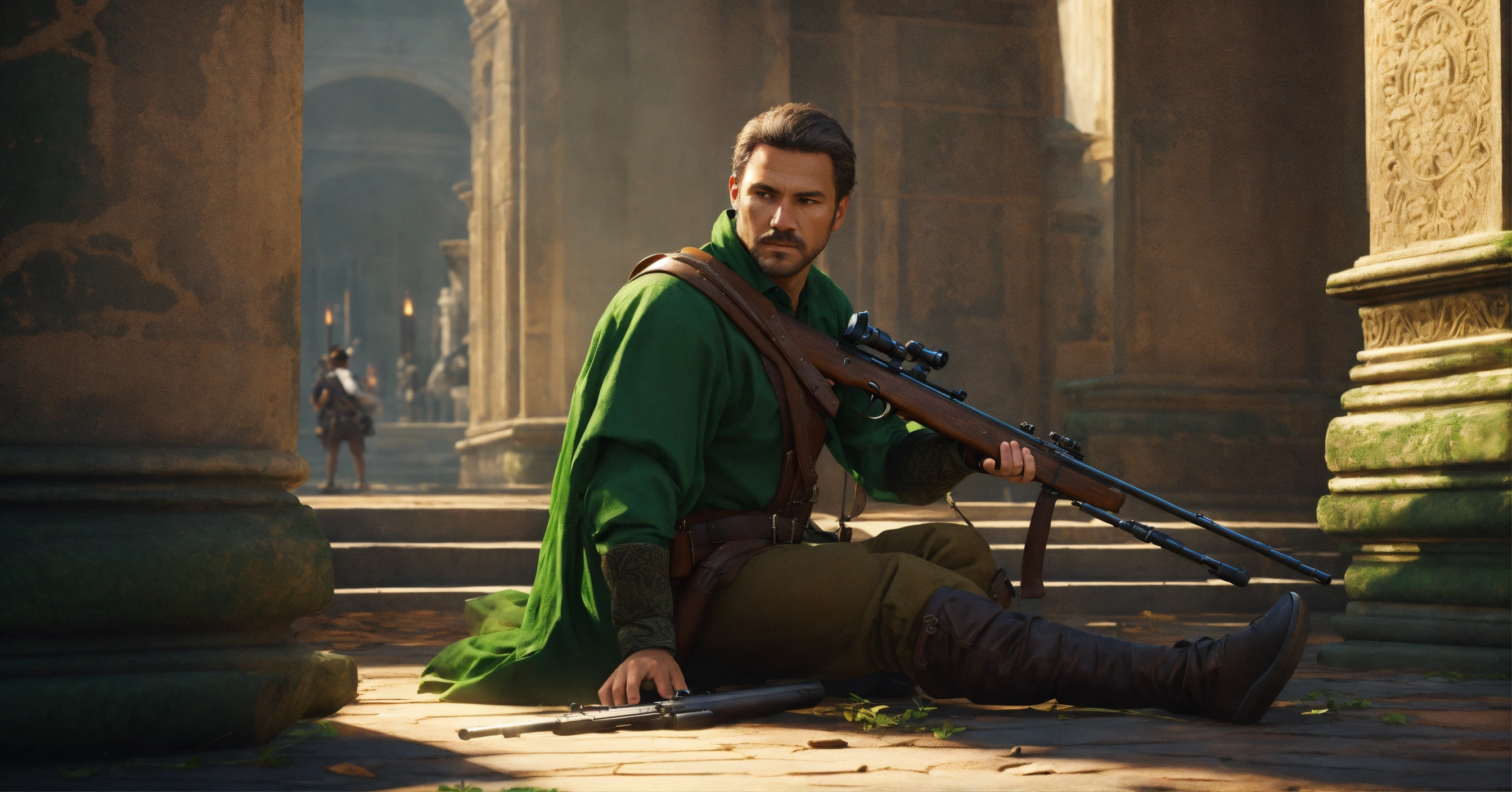 Lexica - Ancient European A hunter in a green shirt sits on the ground ...