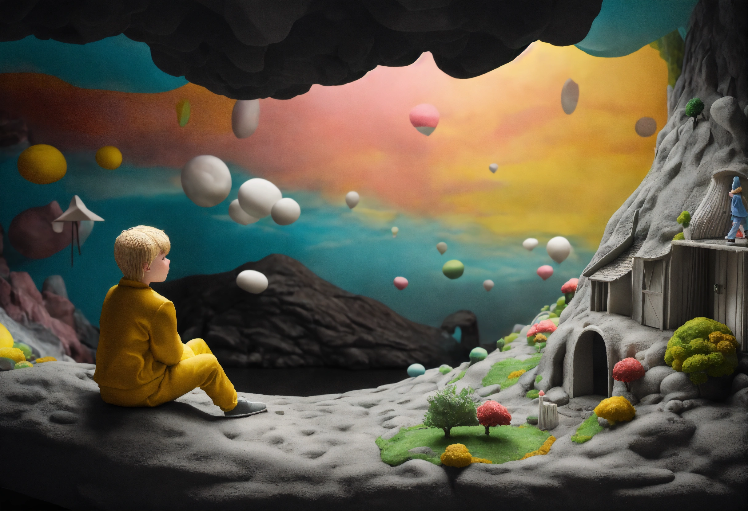 Lexica - Black and white and colors, 3d surreal modeling clay landscape ...