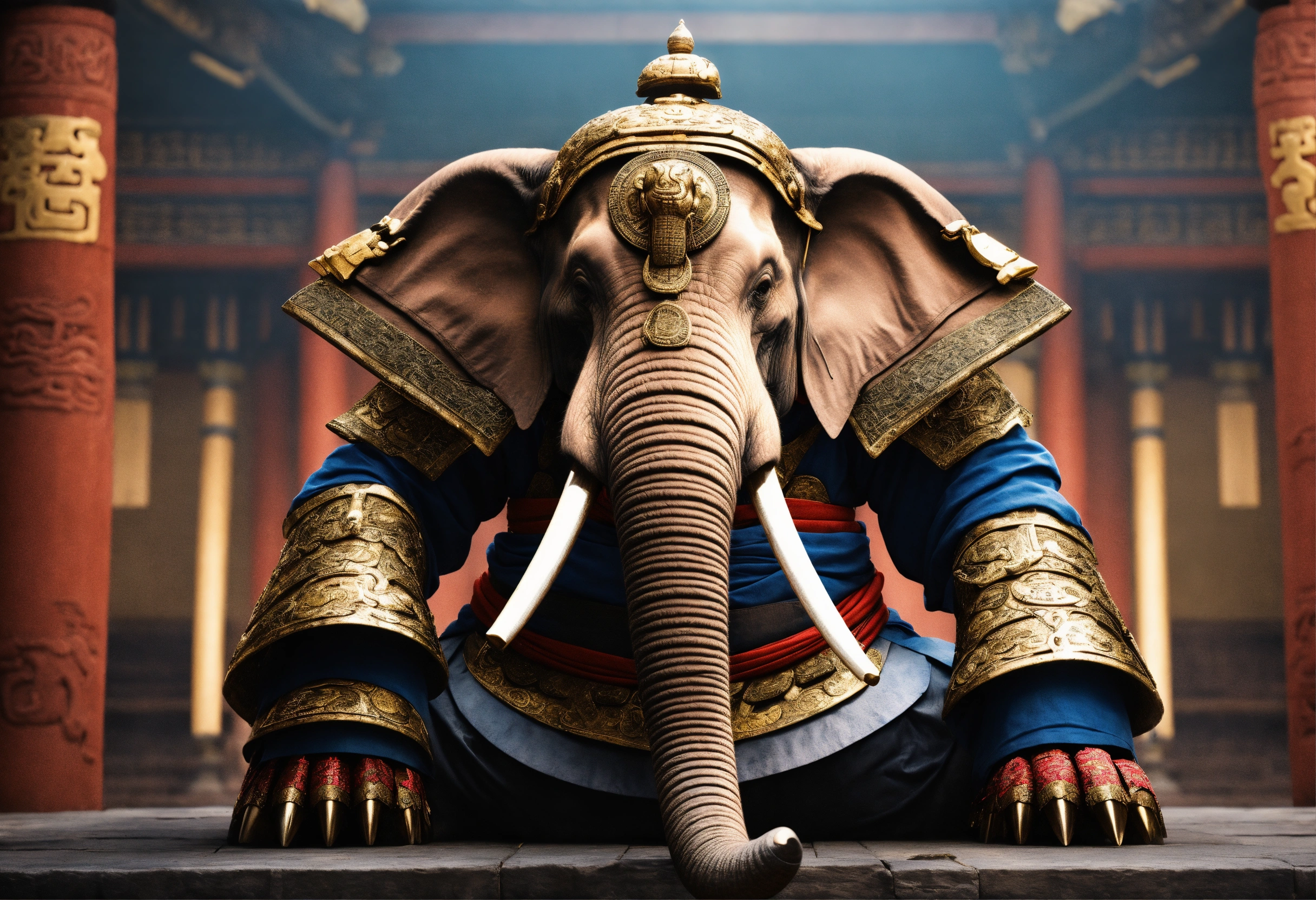 Lexica - Elephant samurai with arms. Ancient temple. Hyper realistic.