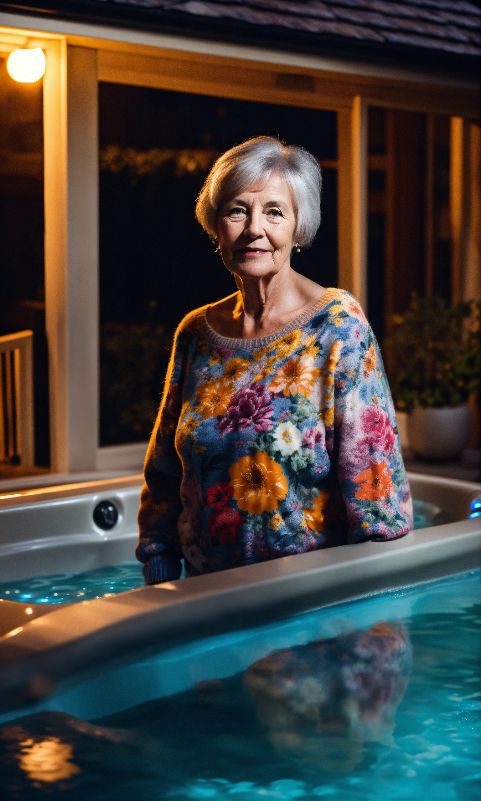 Lexica - British woman, aged 70, she is wearing a floral sweater, it is night time, she is stood ...