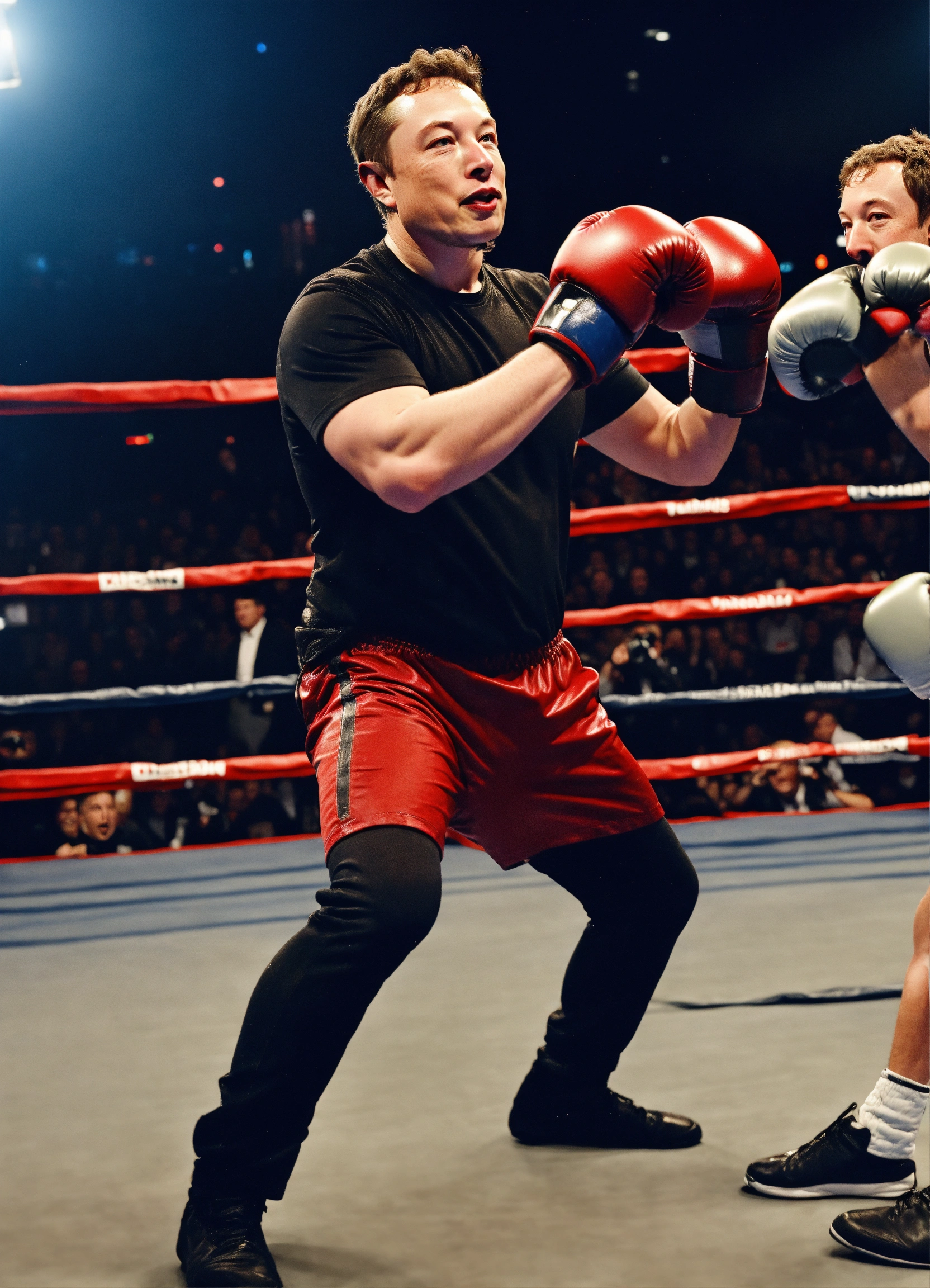 Lexica - Elon musk fighting marc zuckerberg, boxing with gloves, realistic