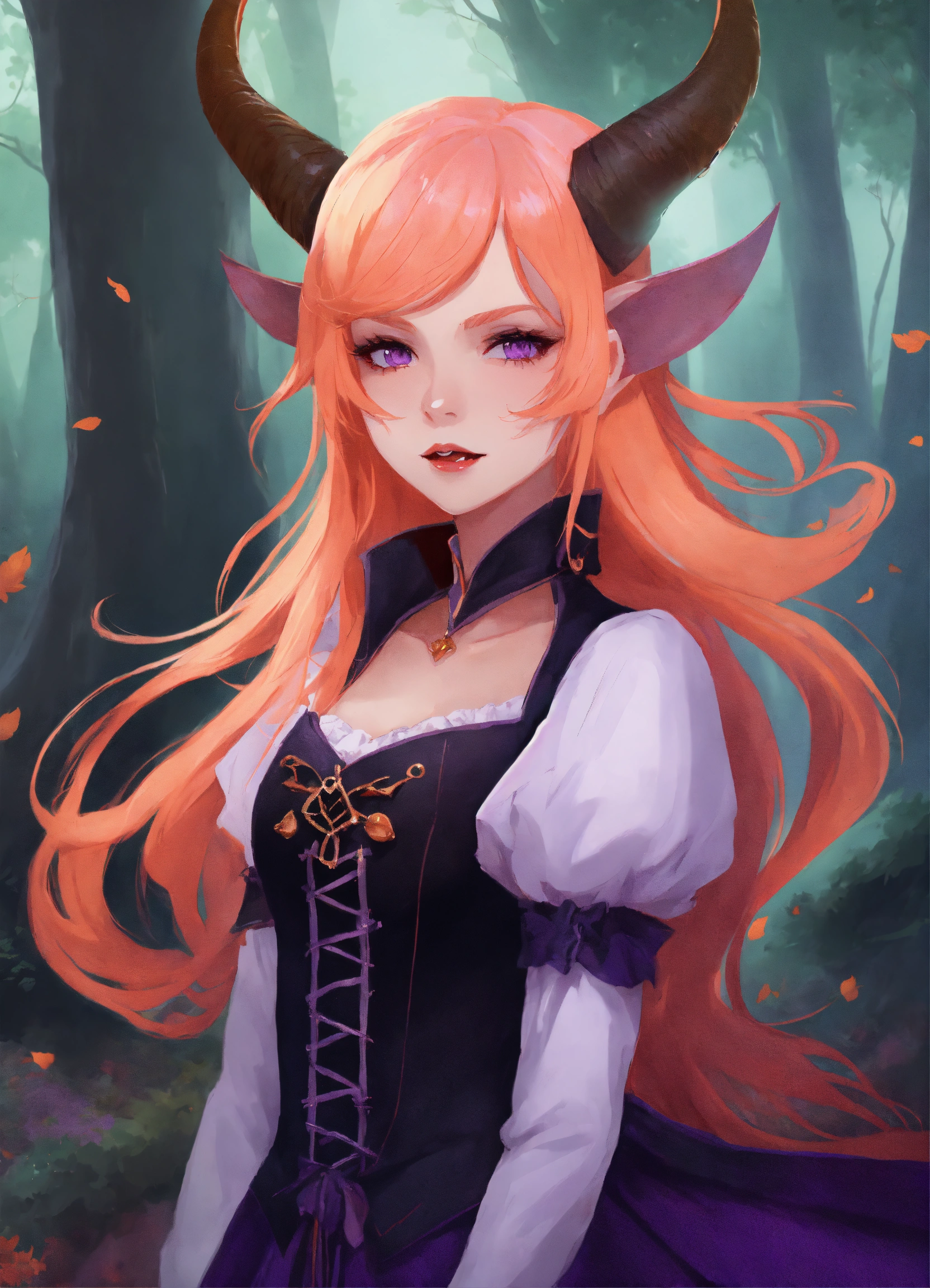 Lexica - 2d vampire girl, pastel orange hair, violet eyes, horn crown ...