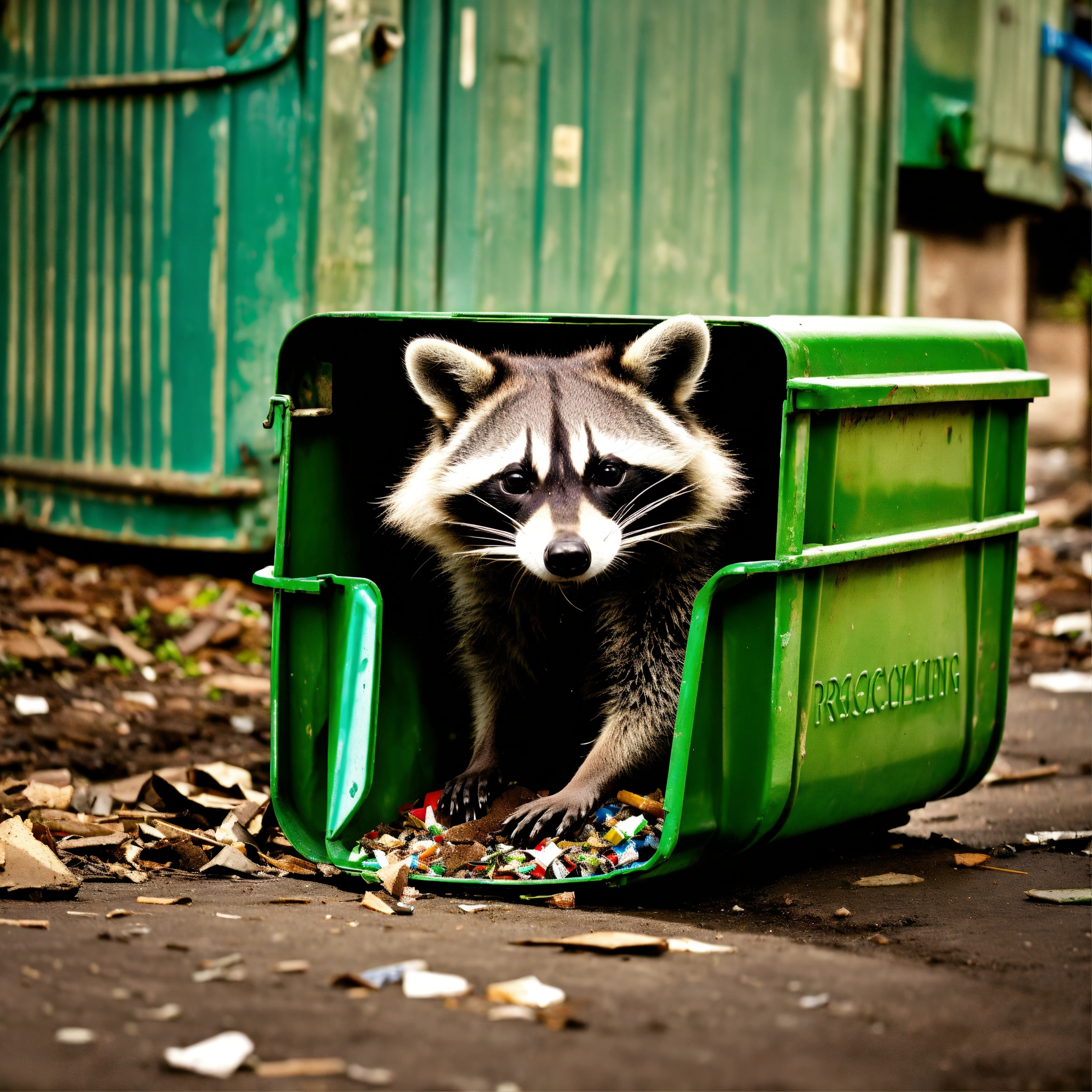 Lexica - A photograph of a raccoon digging through a recycling bin ...