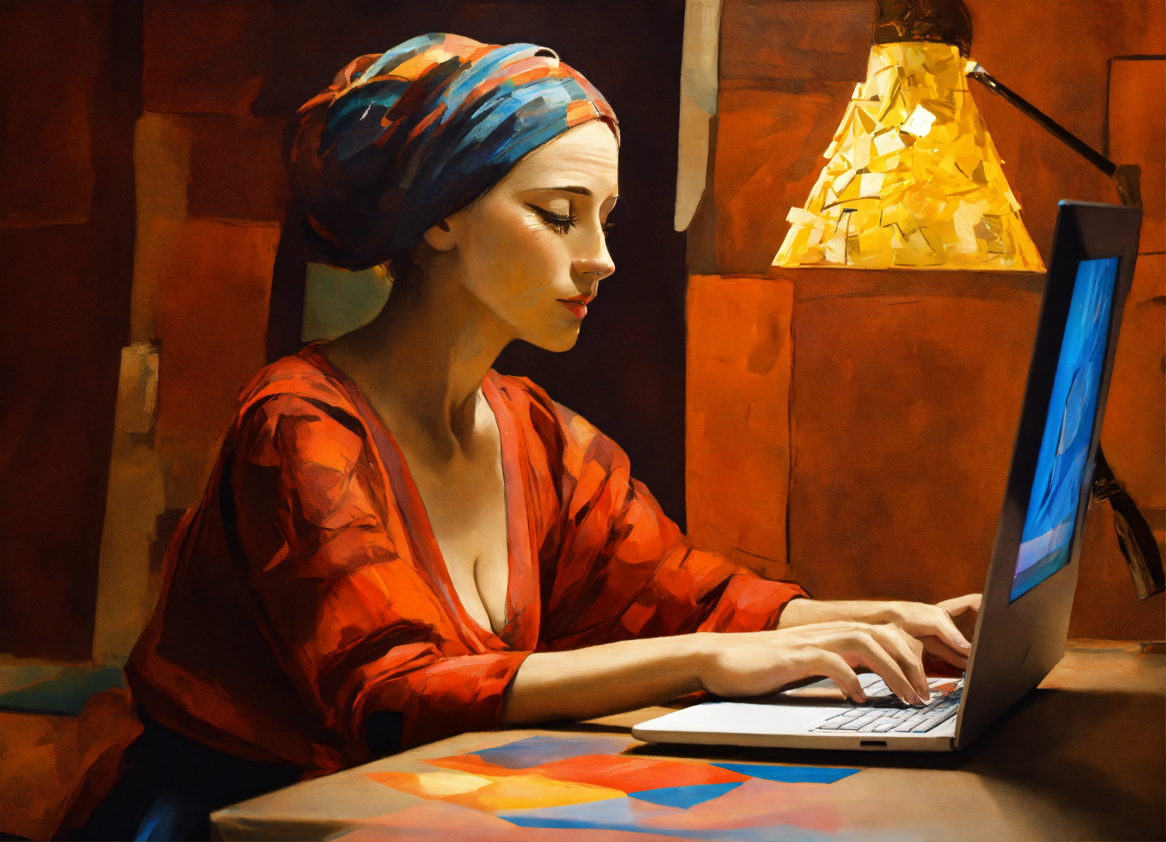 Lexica - A woman is using a computer, Picasso-style