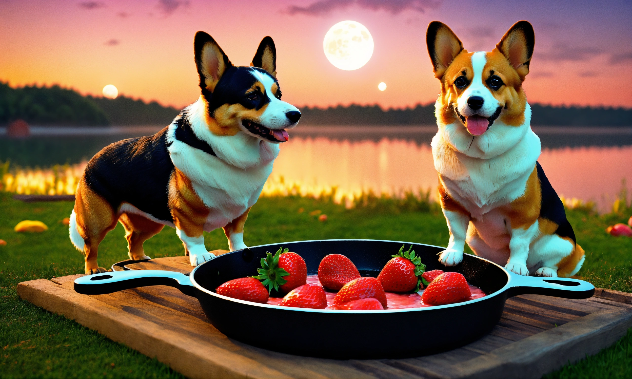 Lexica - 3D image of 2 corgi dogs frying a giant egg in a giant cast ...