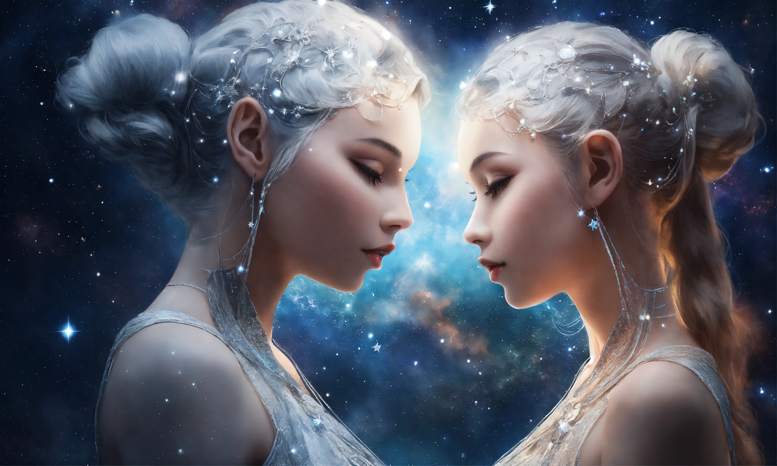 Lexica - Two girls twins, zodiac sign, white, silver, universe nebula ...