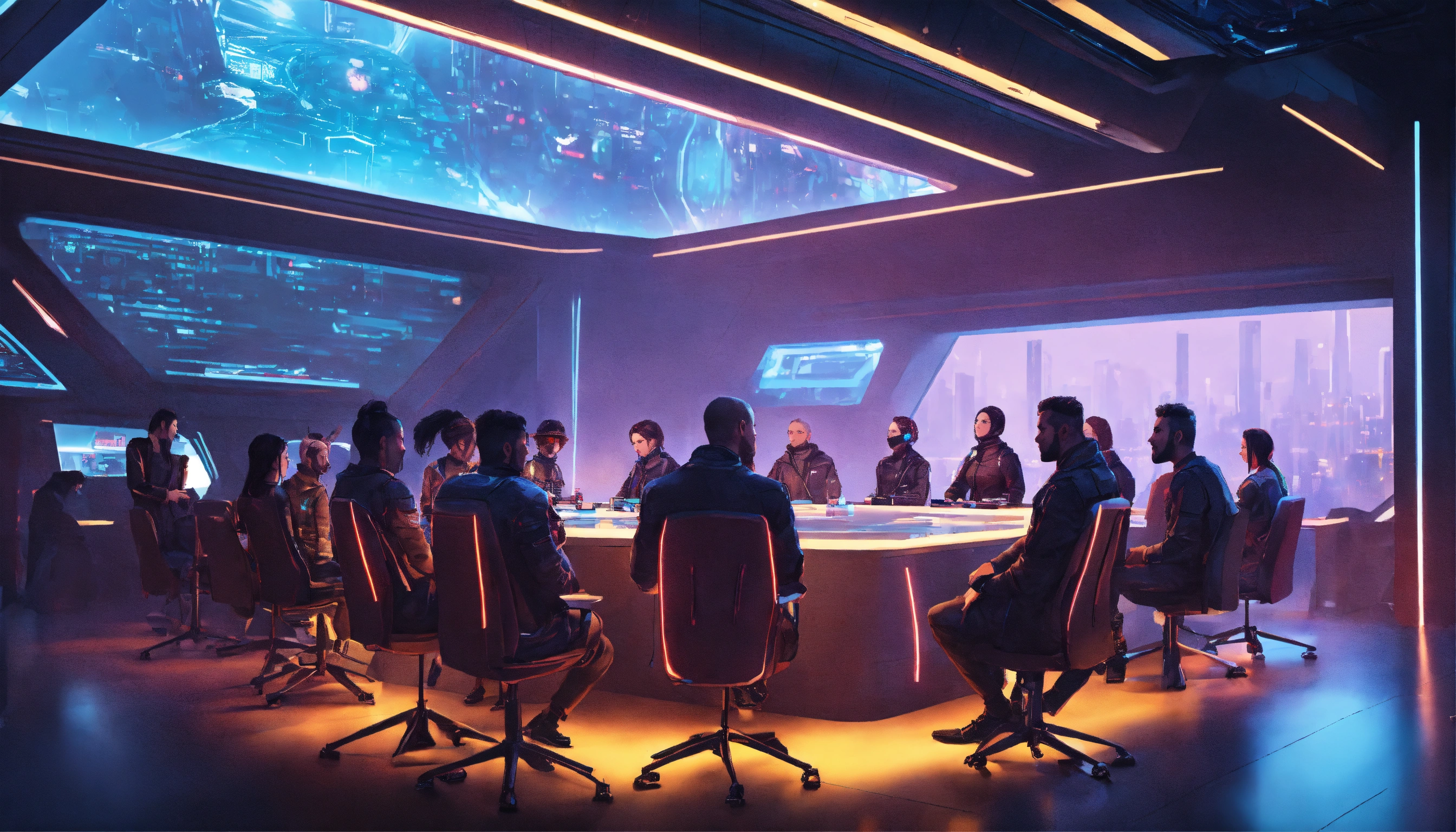 Lexica - Futuristic meeting hall, people in chairs around table ...