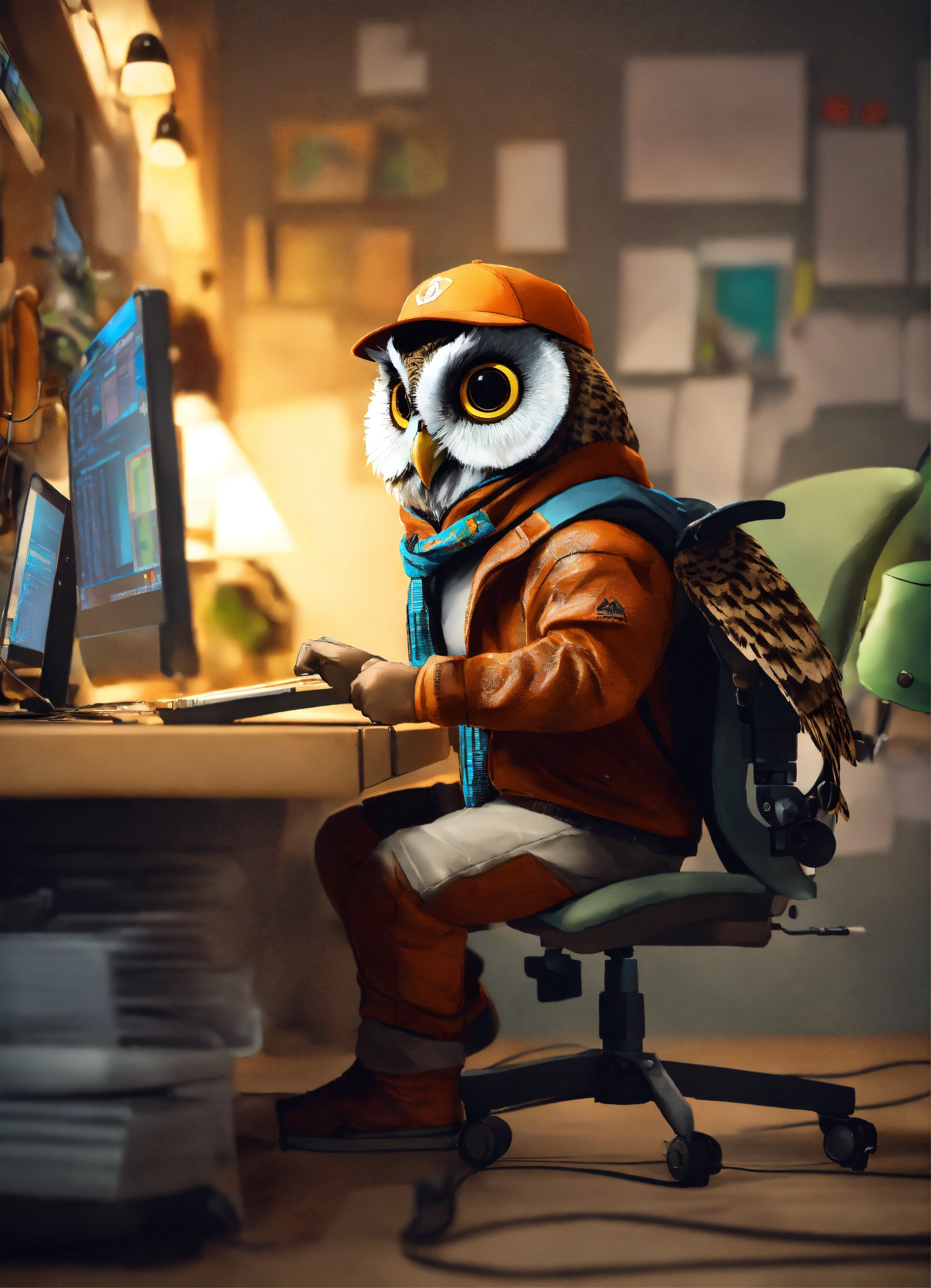 Lexica - An anthropomorphic owl in a dynamic action working on his ...