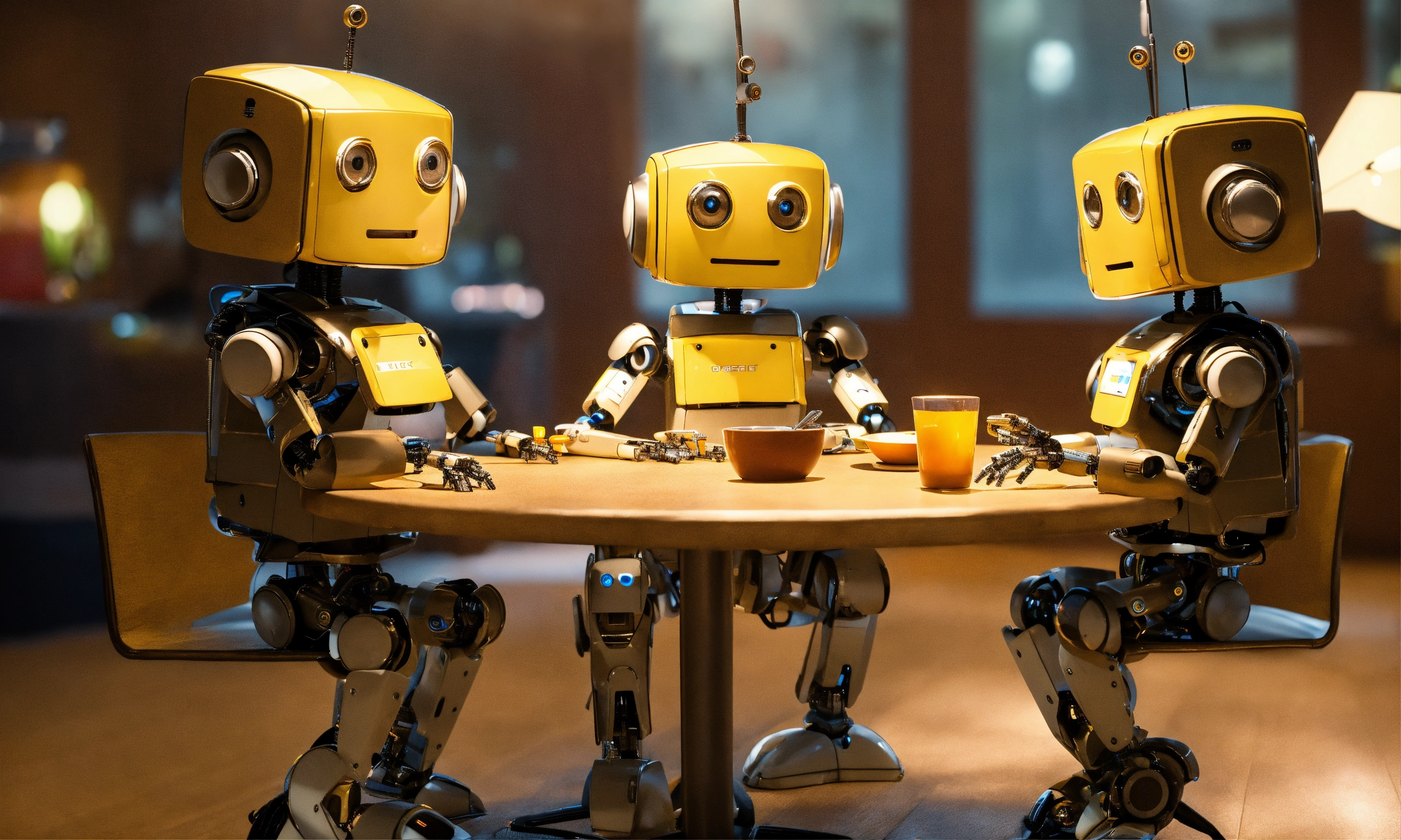 Lexica - Multiple cute robots discussing around a table