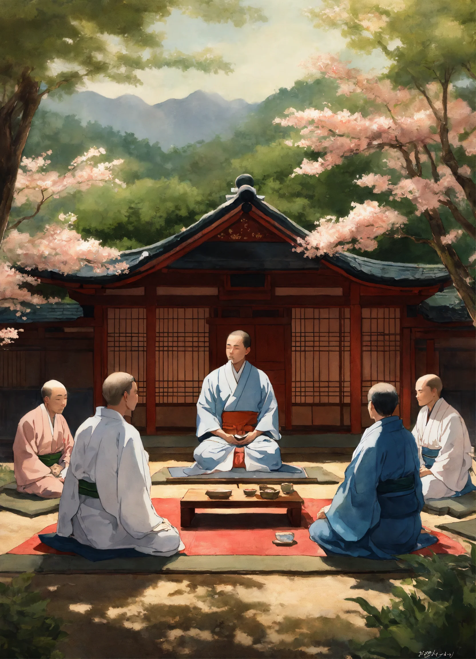 Lexica - A group of disciples, sitting in a circle, outside a temple ...