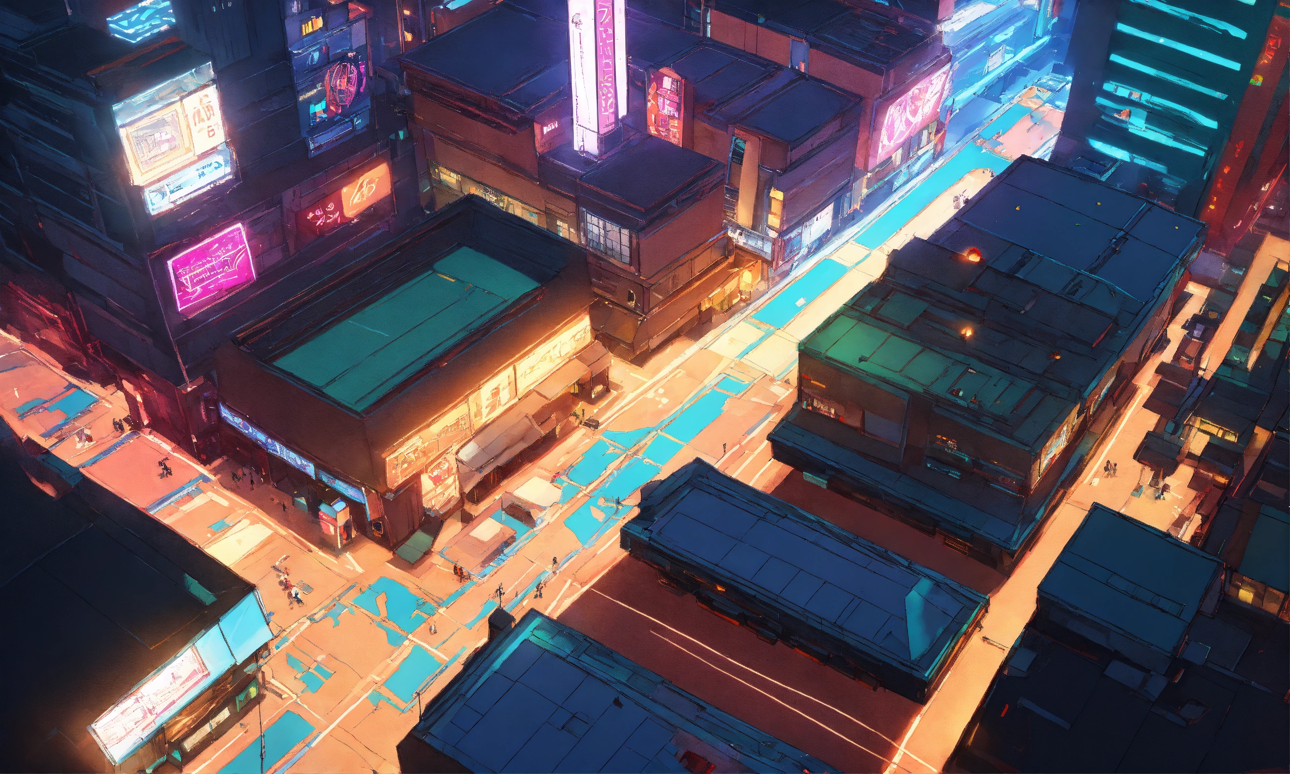 Lexica - 80s anime style, overhead shot of futuristic downtown streets