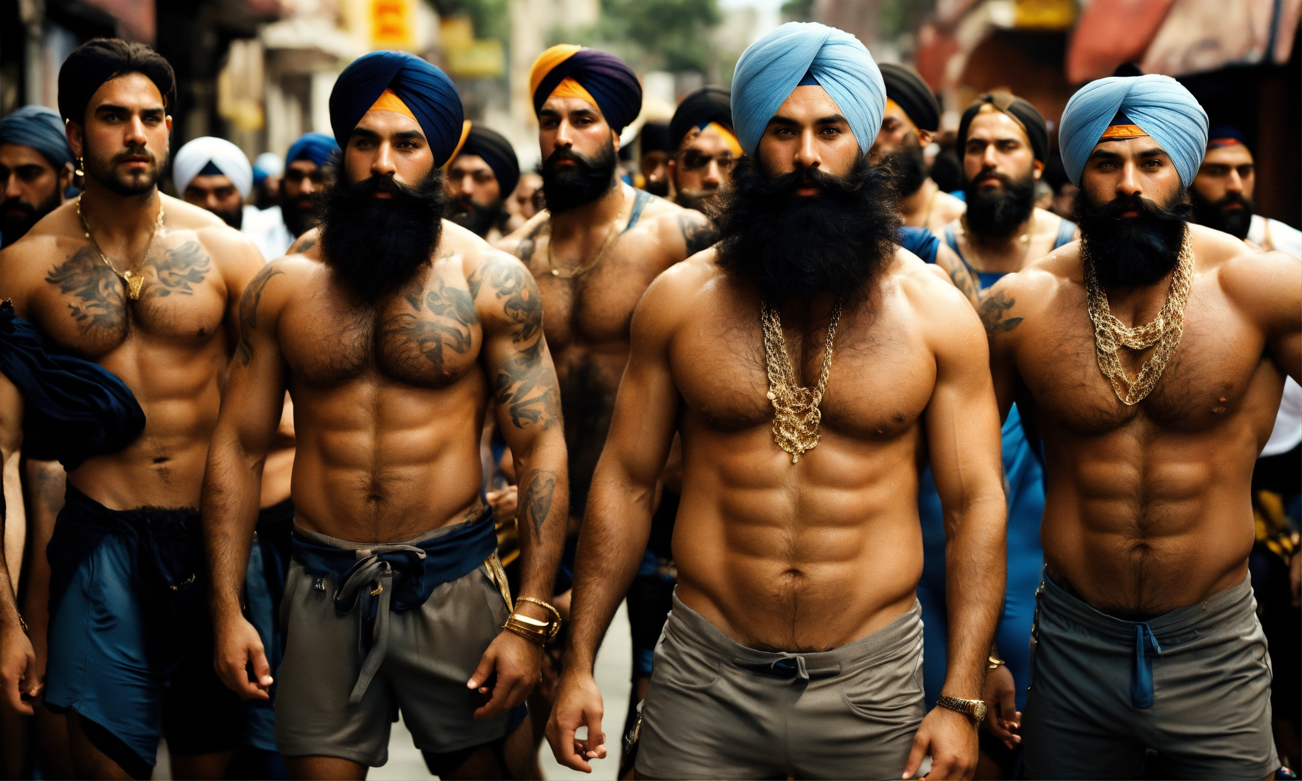 Lexica - A high fashion photo,group of burly hairy manly sikh men ...