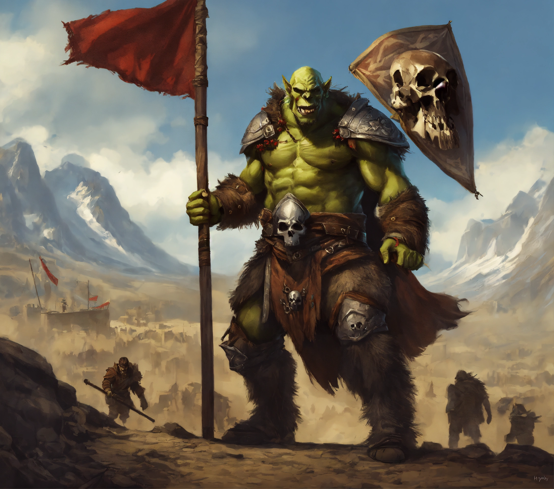 Lexica - Tall orc lifting hight a banner with a orc skull on it ...