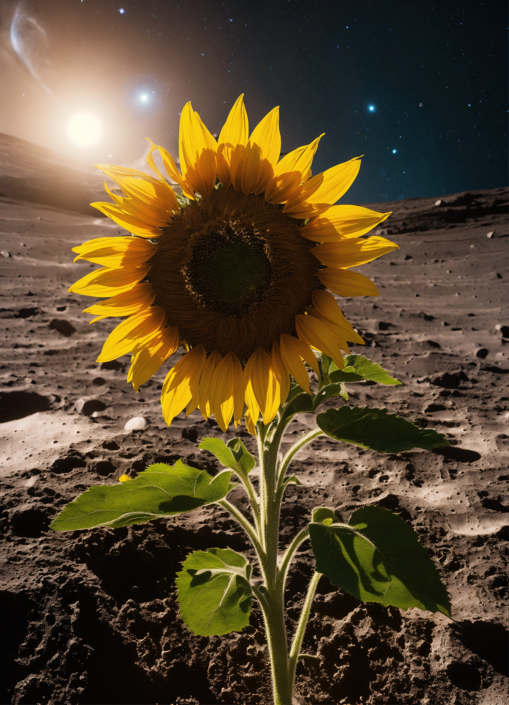 Lexica - Single sunflower growing on the surface of the moon with earth ...