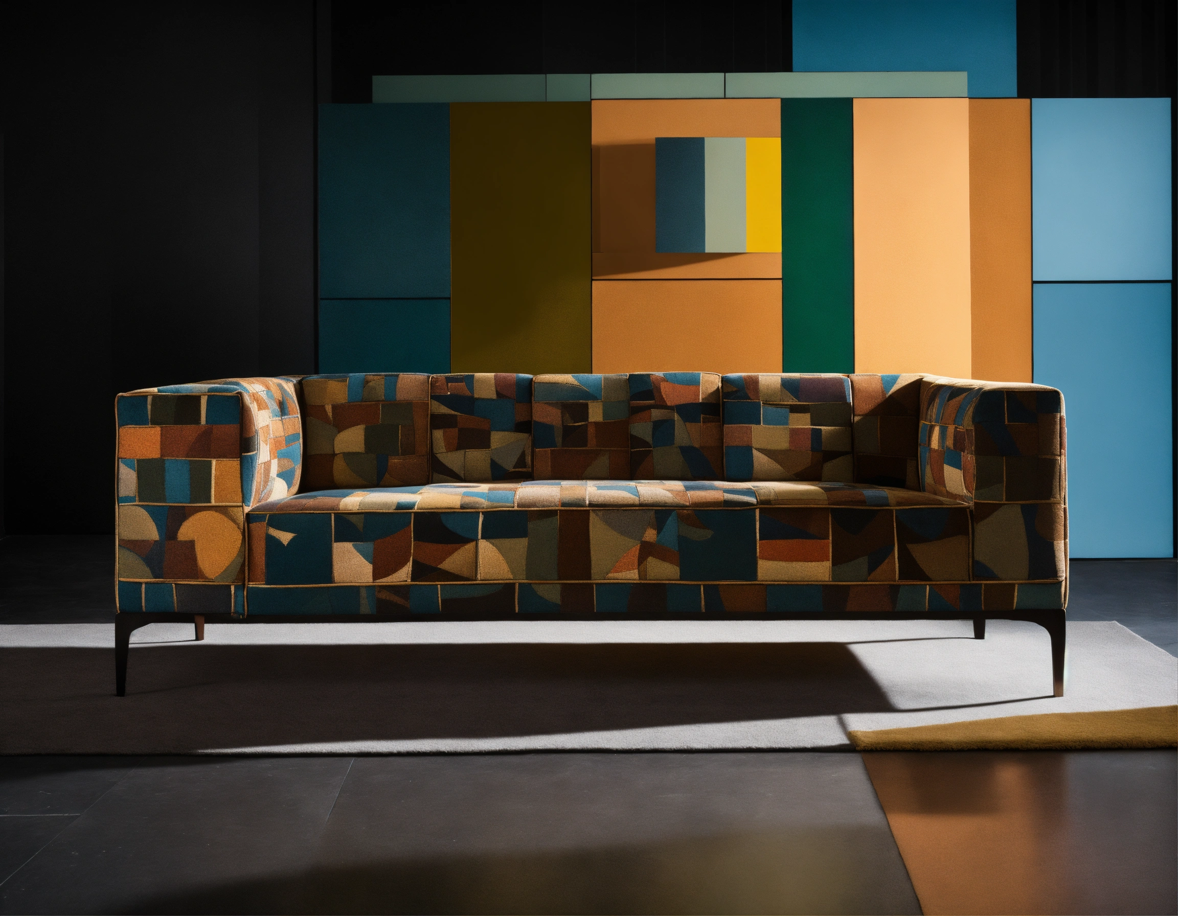 Lexica - Cubist sofa in René Magritte design on black background