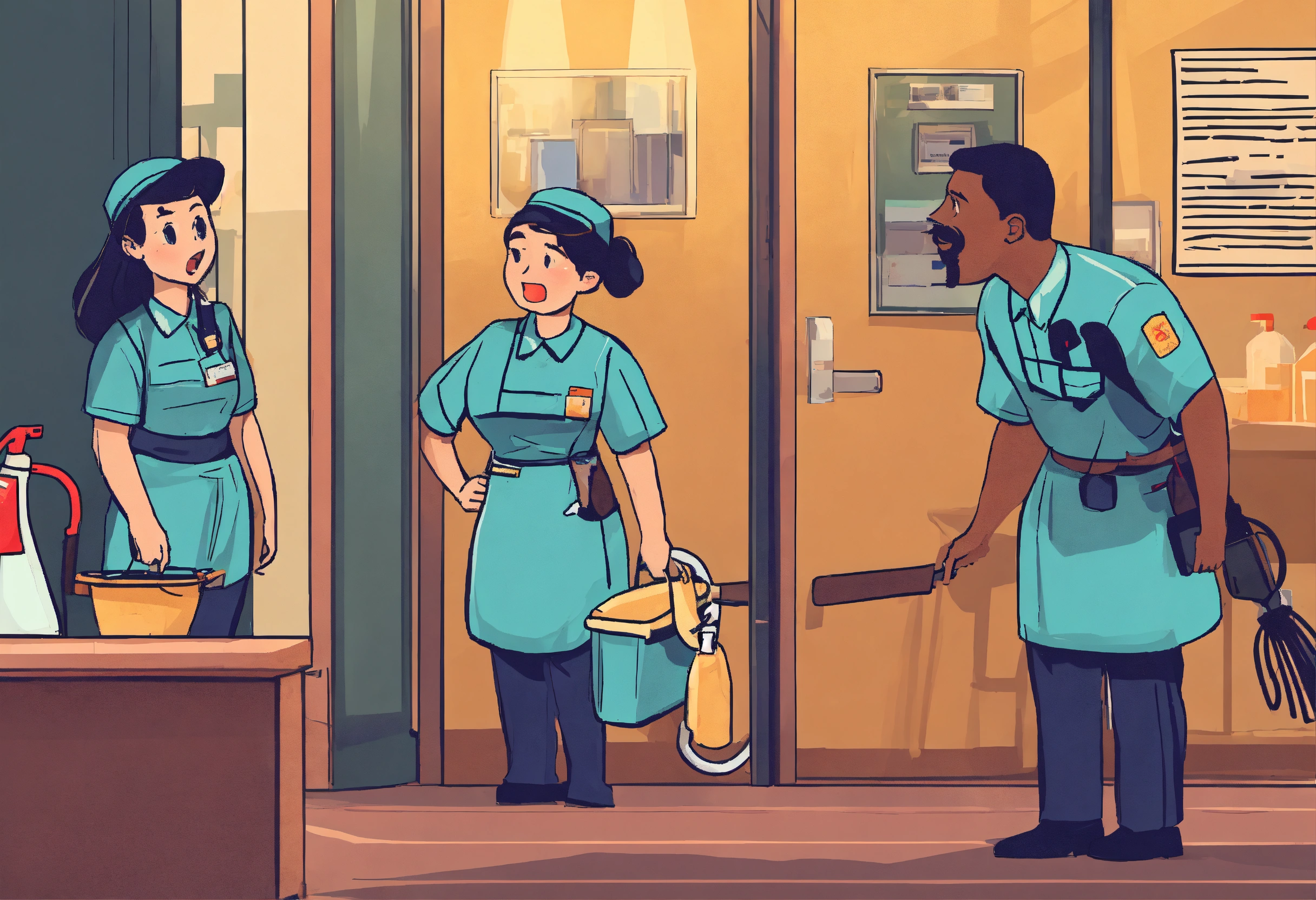 Lexica - Two cleaning staff talking with security guard, scared and ...