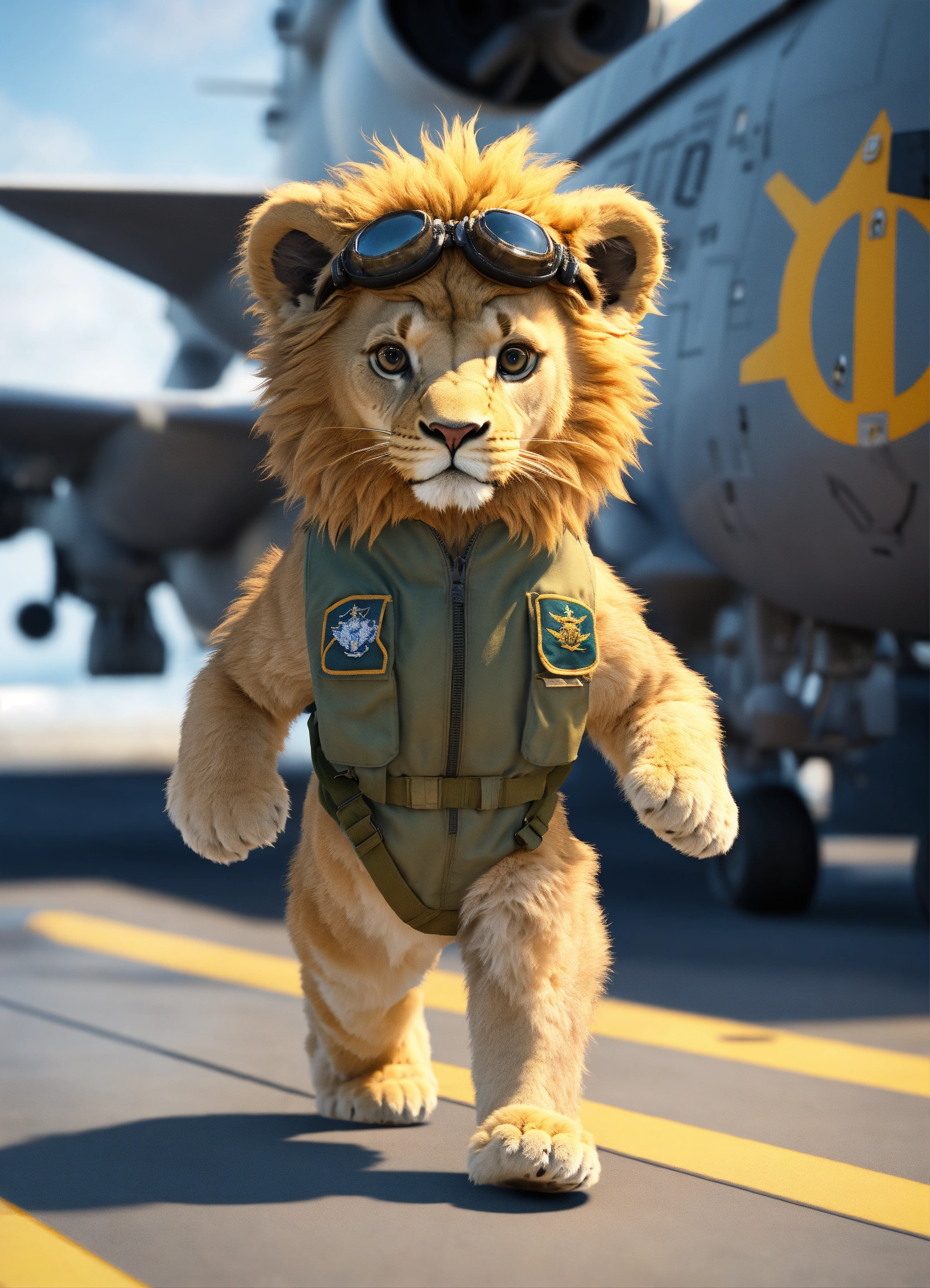 Lexica - A cute fluffy baby lion pilot walking on a military aircraft ...