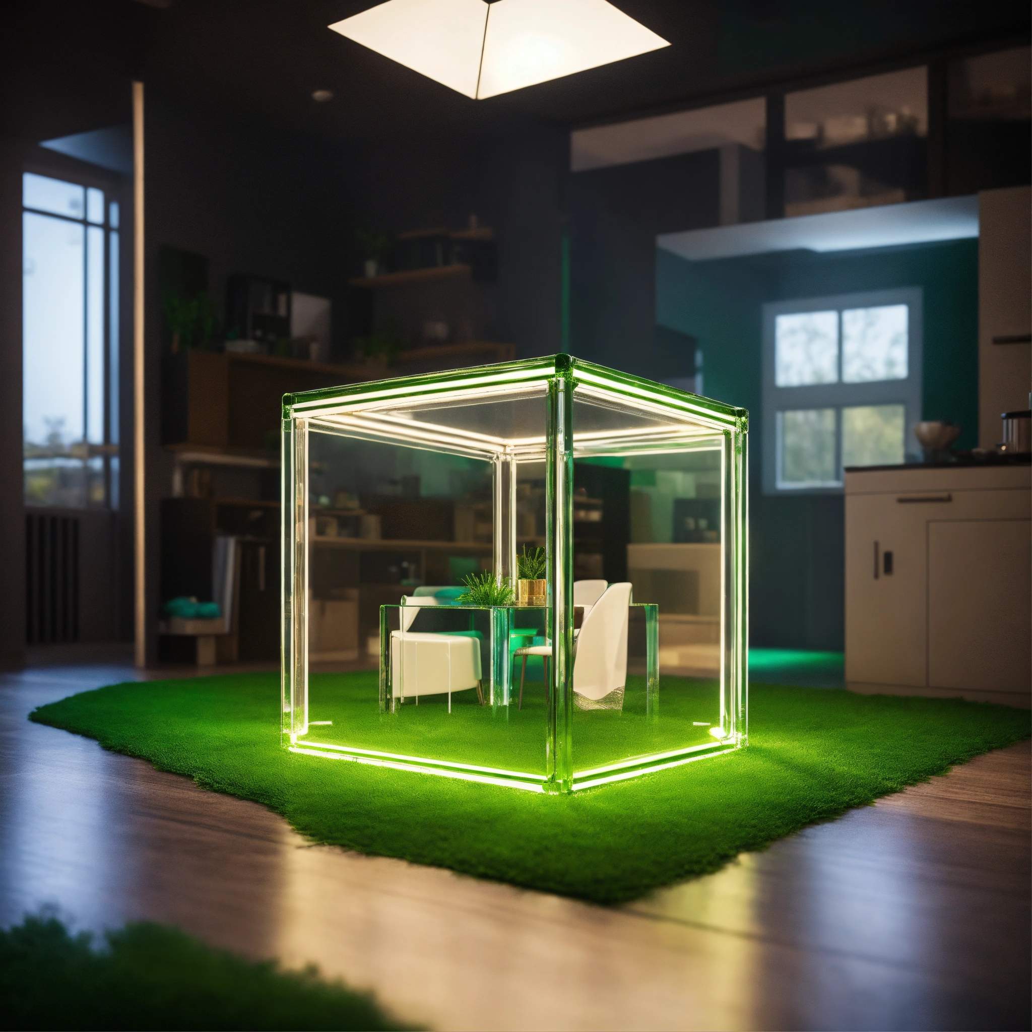 Lexica - Cube, 4k, small modern house inside cube!, clear plastic, iridescent, studio ...