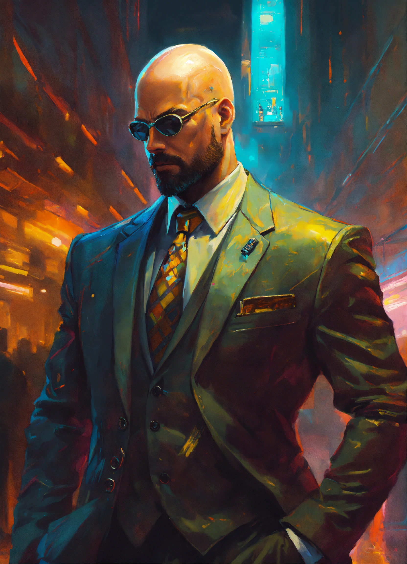 Lexica - Strong bald cyberpunk bounder in a suit, at a rave gritty oil ...