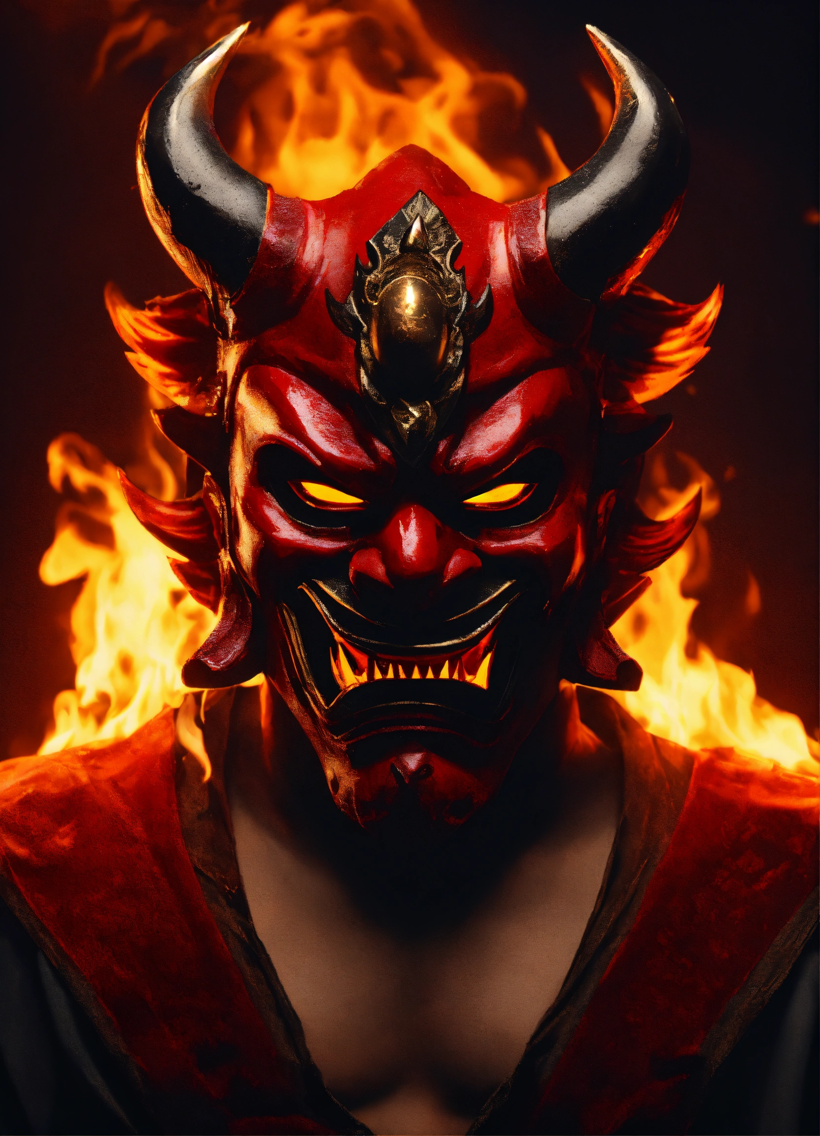 Lexica - Red oni mask, black background followed by realistic flames ...