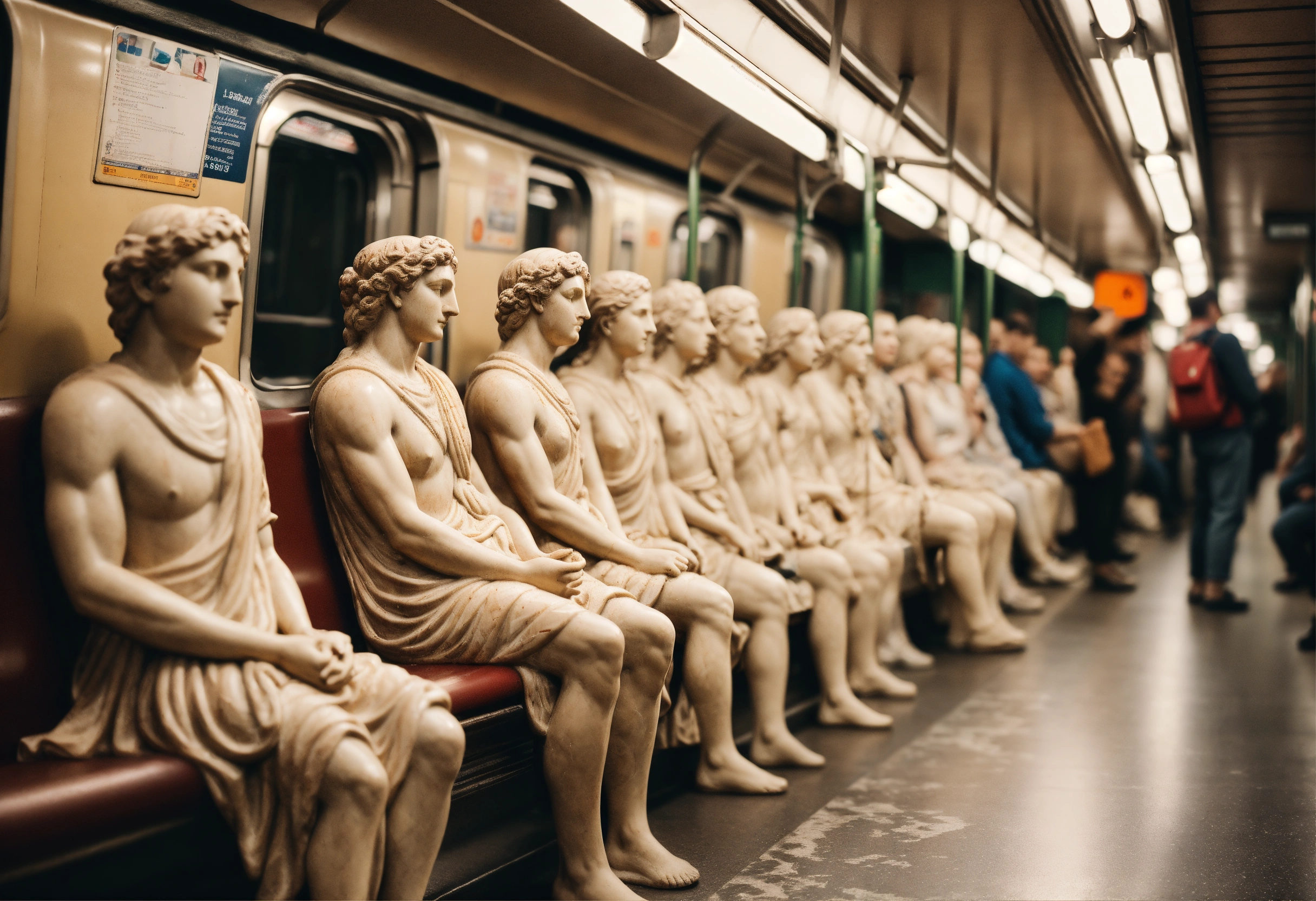 Lexica - Greek marble statues sitting in a very crowded subway train ...