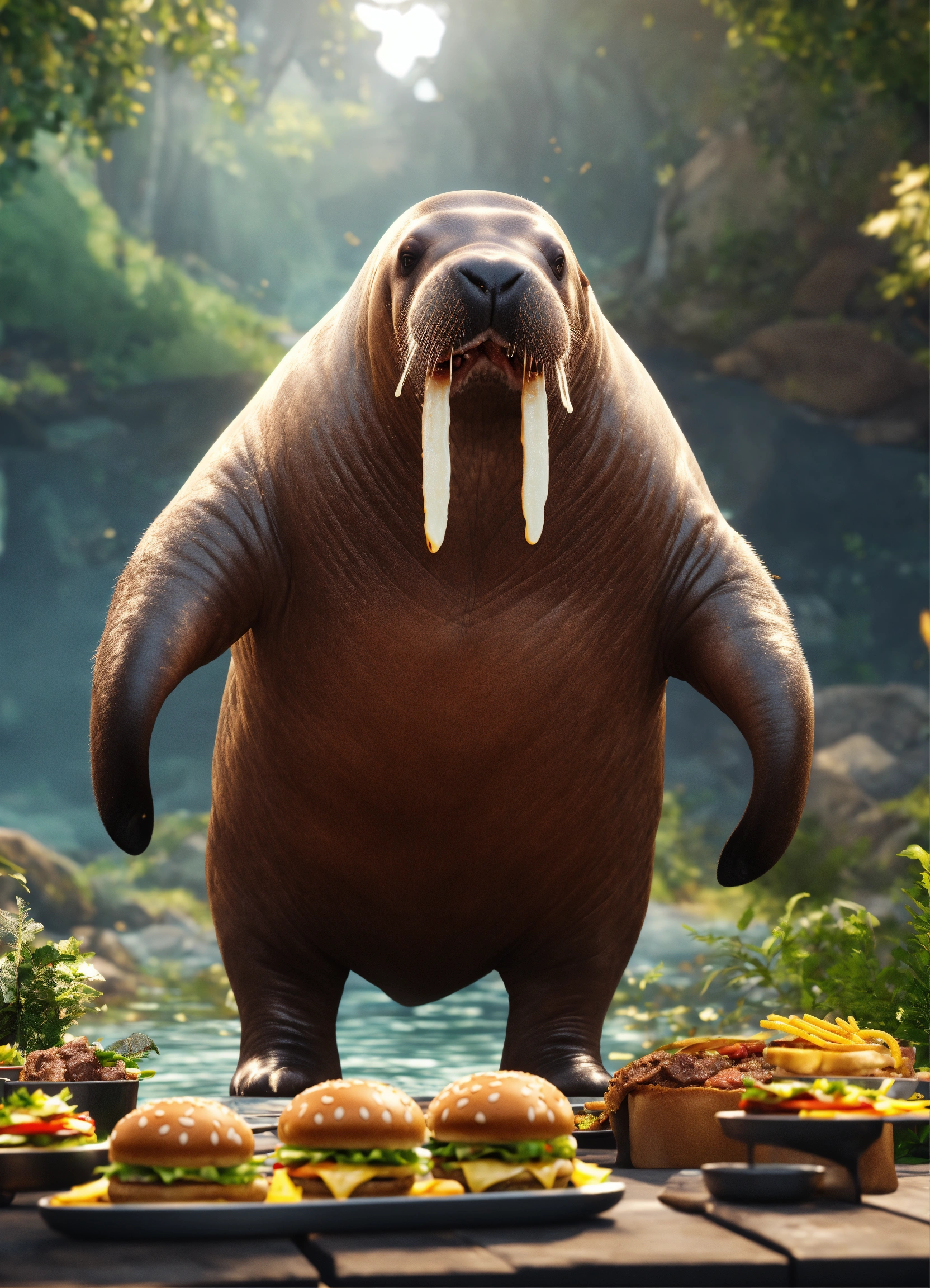 Lexica - A walrus standing on 2 legs, eating hamburger, unreal engine ...