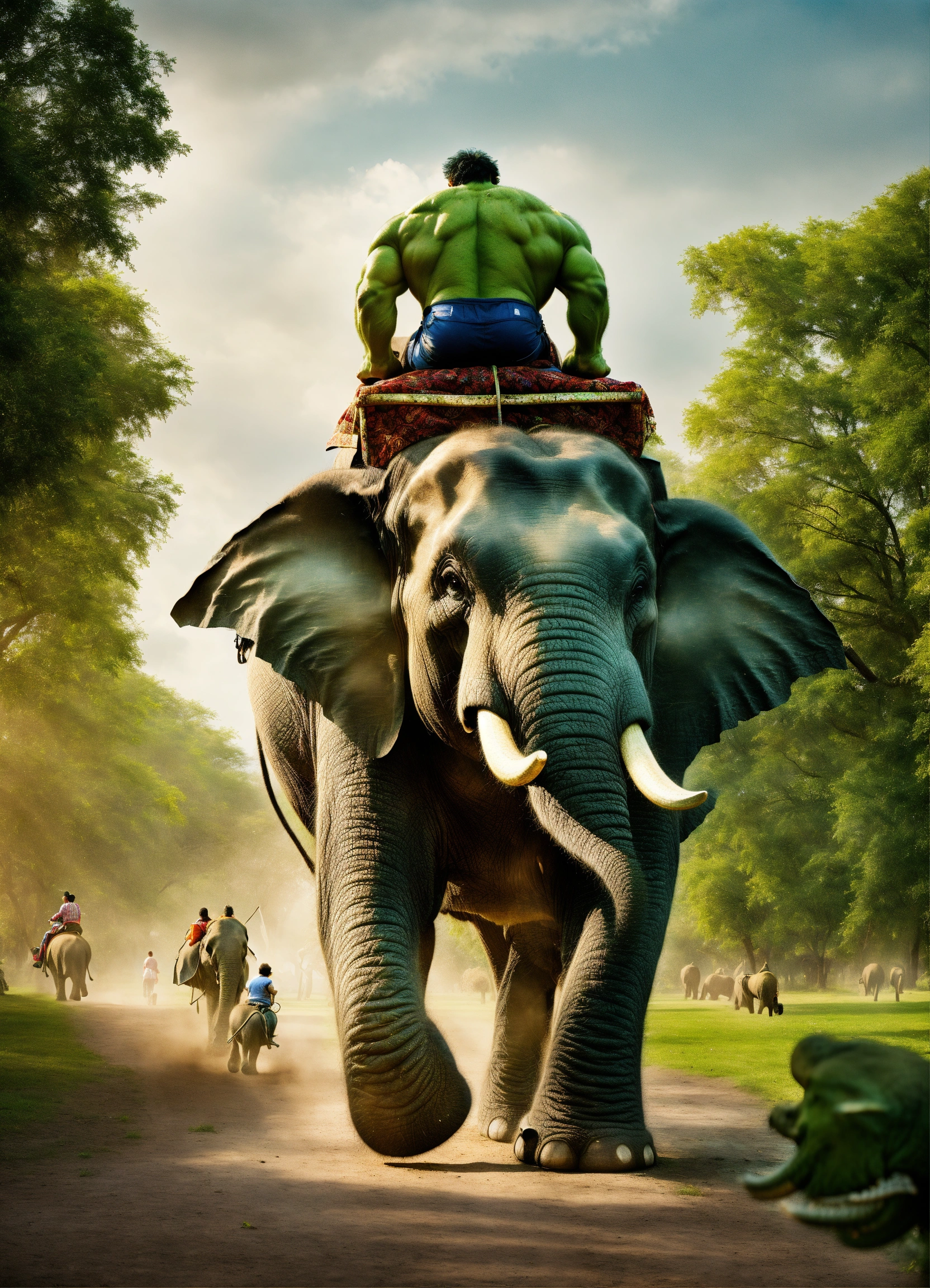 Lexica - Hulk riding an elephant,8k,in the park,reality