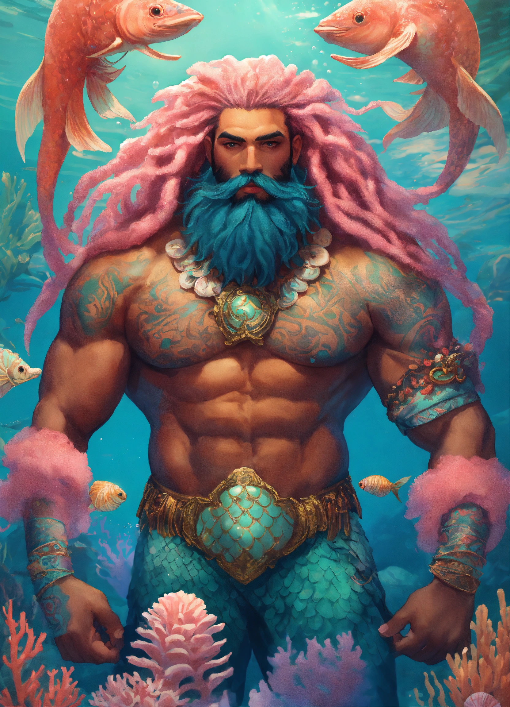 Lexica - A buff muscular Merman with scales Blue skintone with pink ...