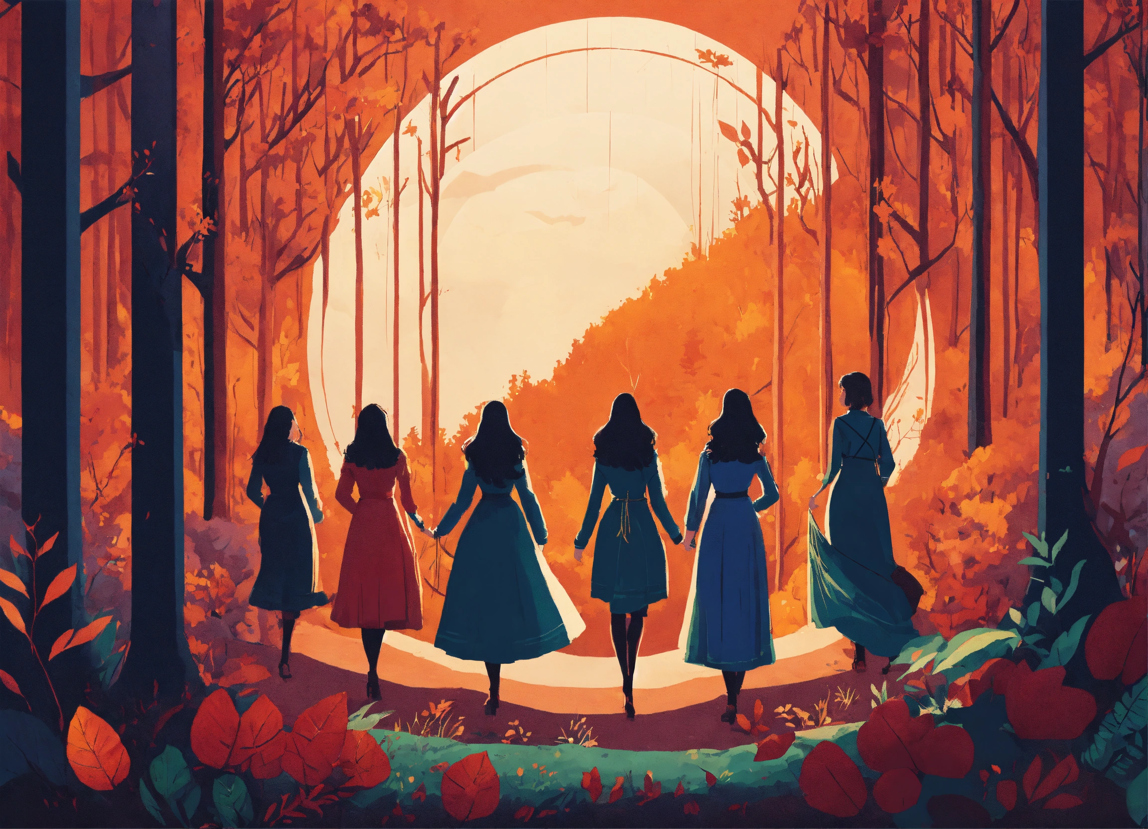 Lexica - Illustration of a group of women in a circle, forest theme