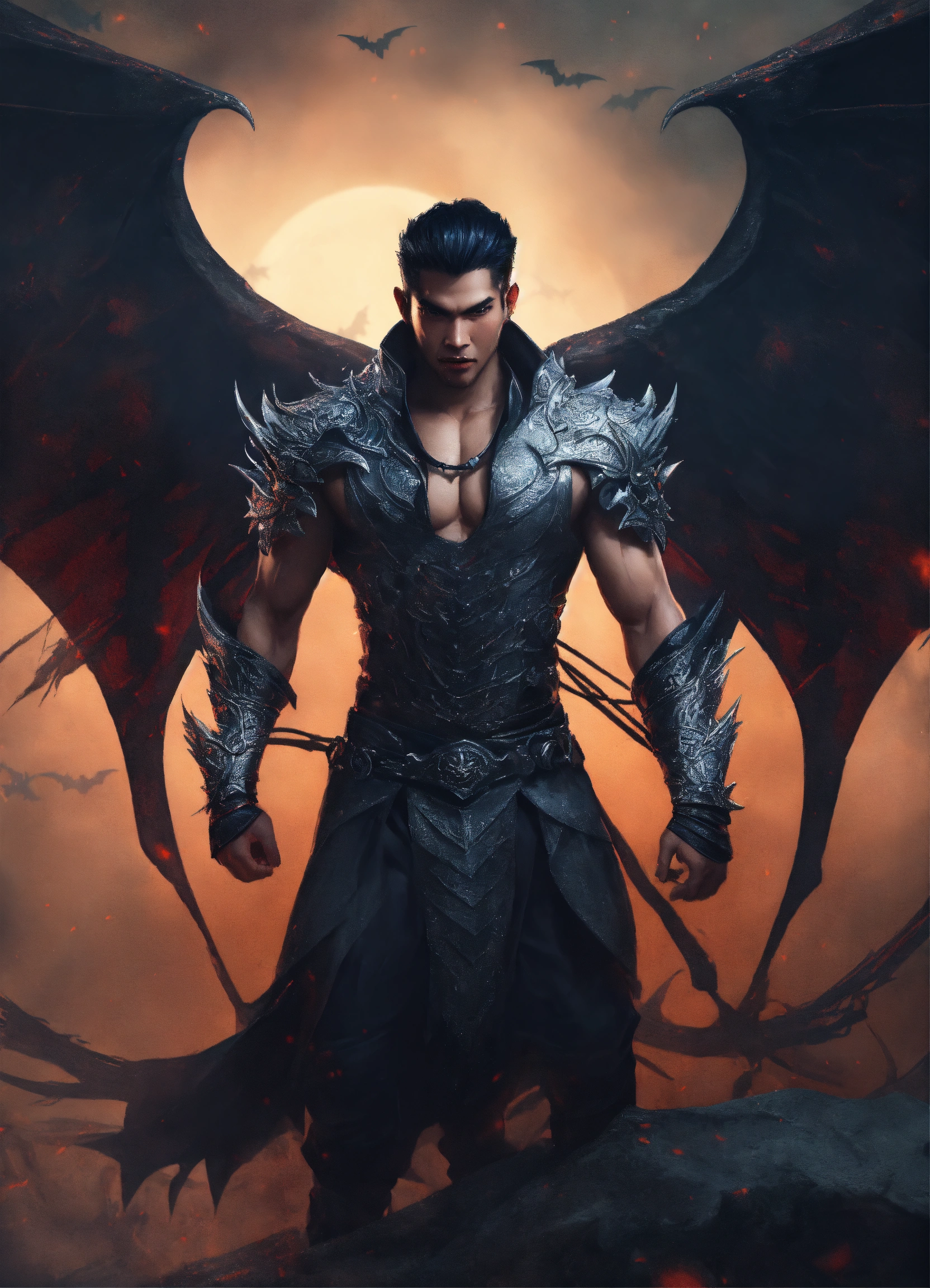 Lexica - Full body strong muscular evil Asian vampire man entangled in ...