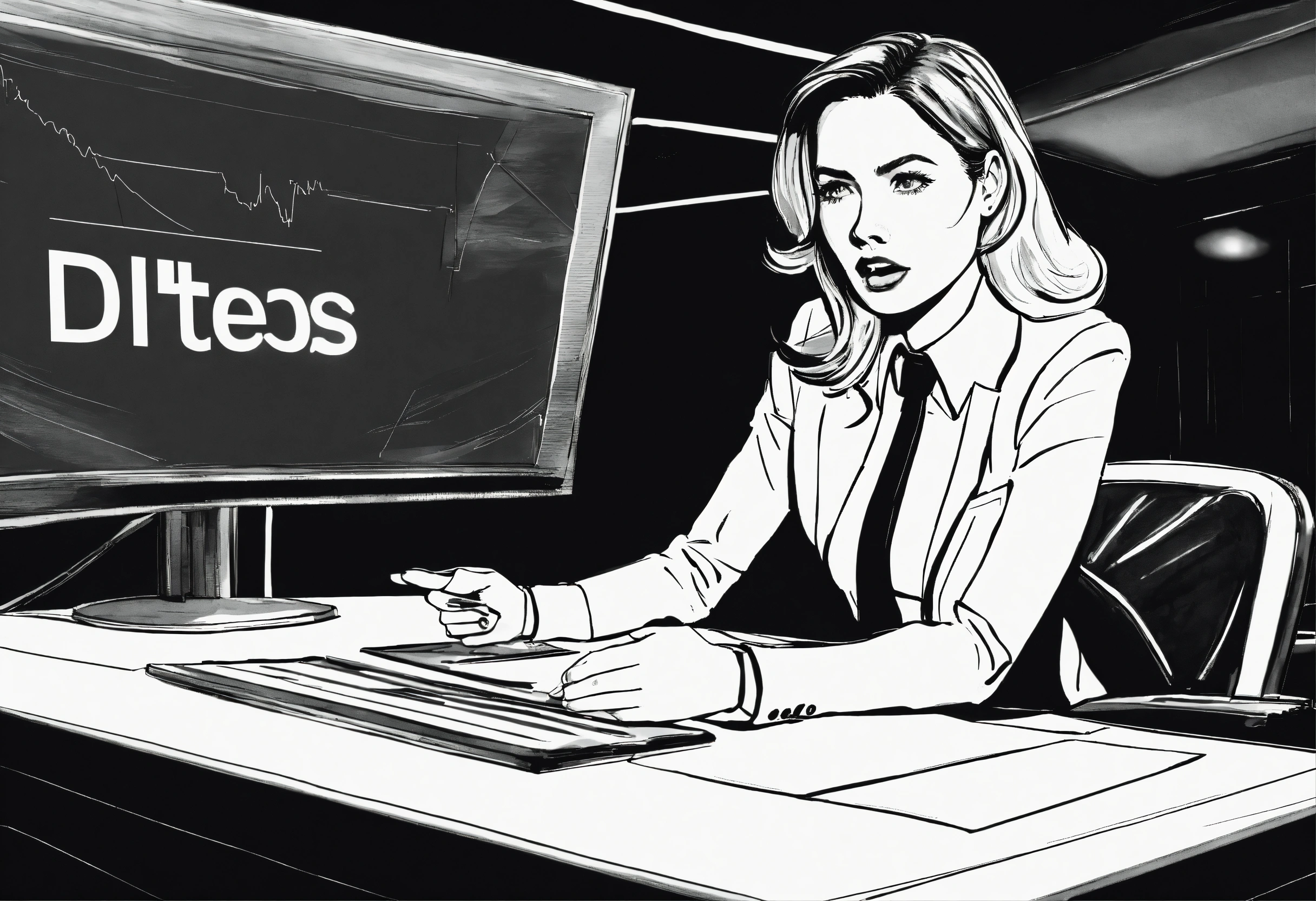 Lexica - Black and white illustration female news reporter, facing ...