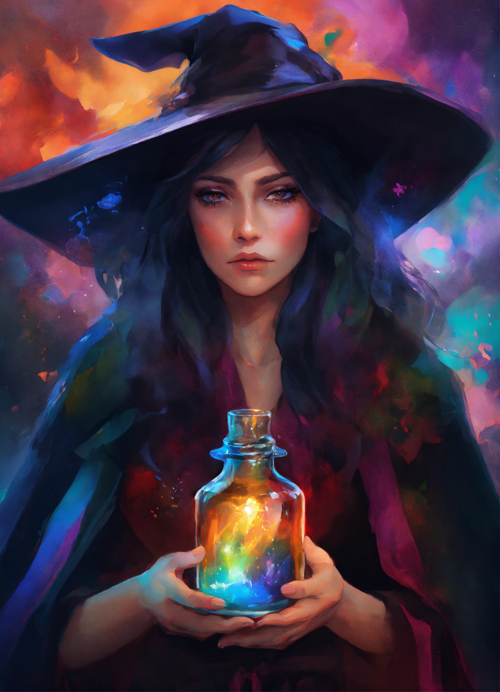 Lexica - Fantasy witch in a black hat and cape, with a saddened ...