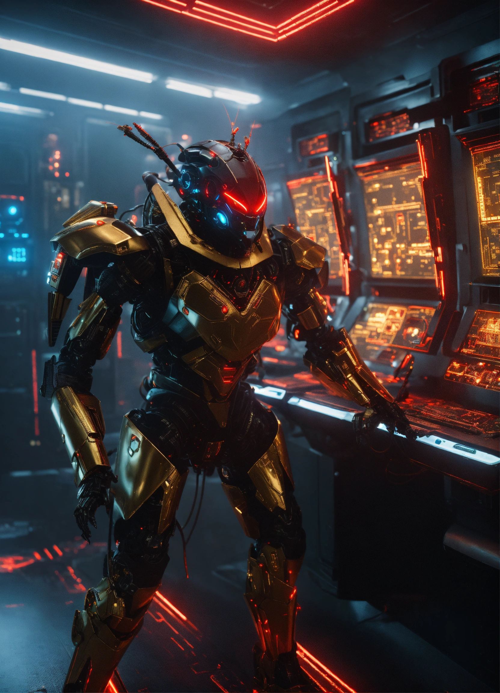 Lexica - Zoom out of black cockroach faced humanoid with red glowing ...