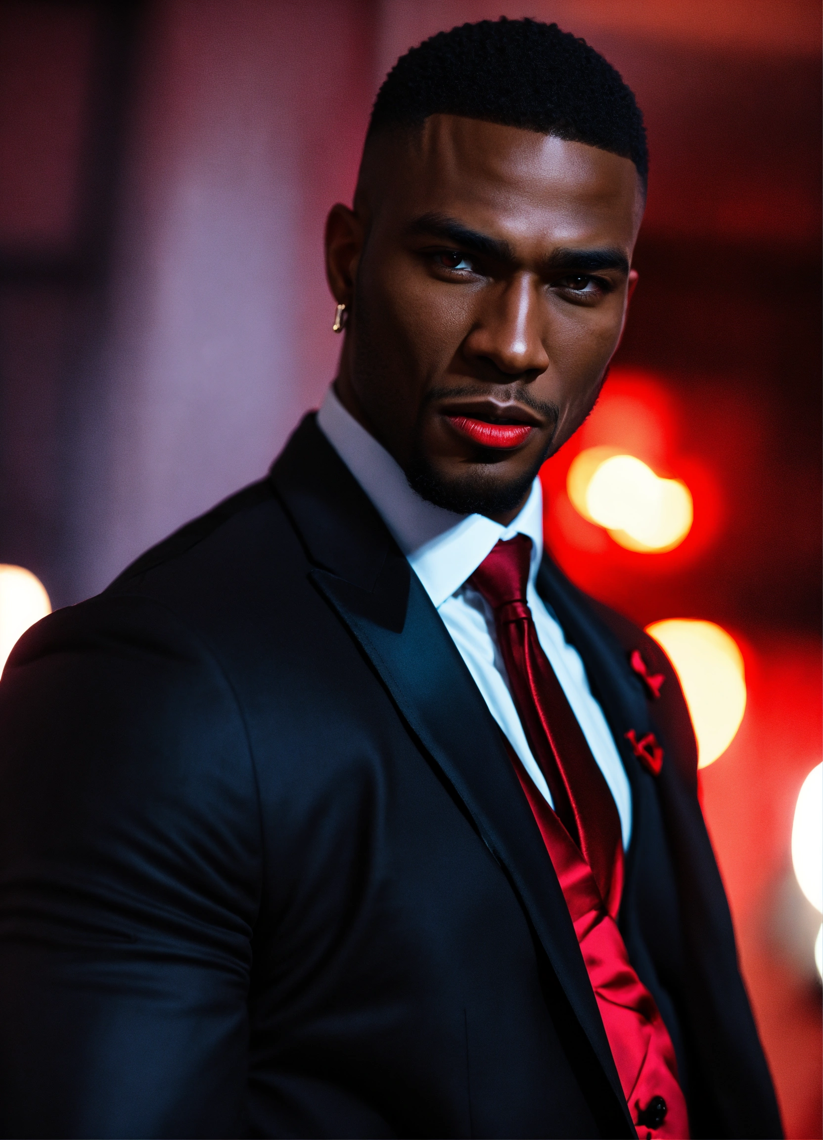 Lexica - Handsome black man, vampire with red eyes, black suit