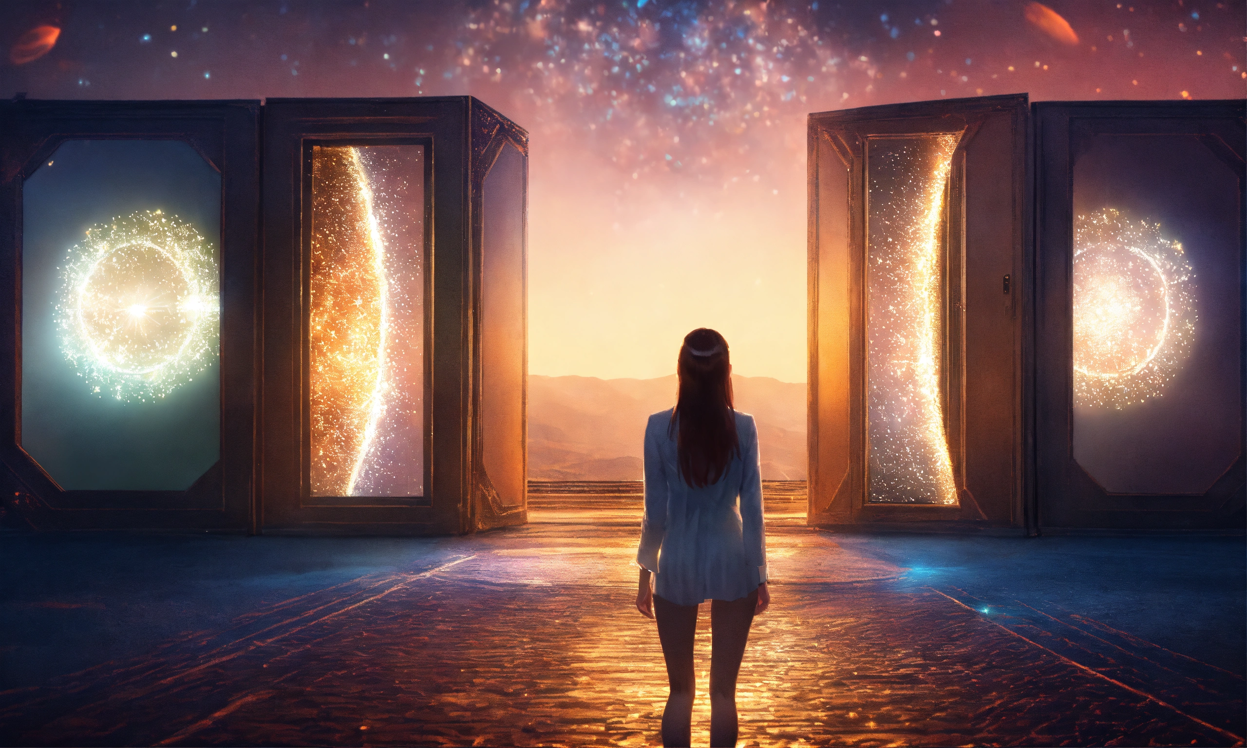 Lexica - Create an image of a woman from behind looking at five portals ...
