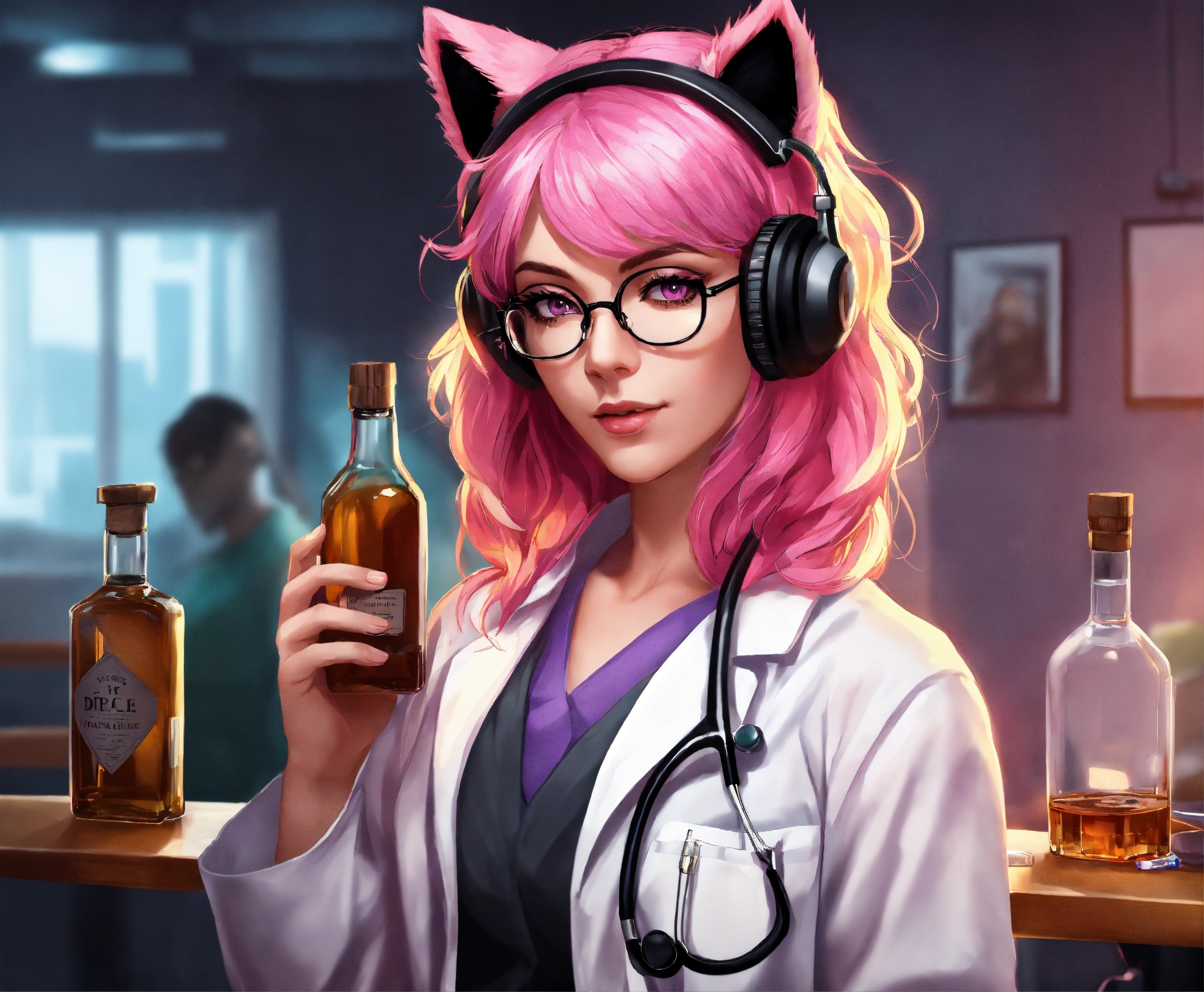 Lexica - Female doctor, with long pink hair, with cat ears color black ...