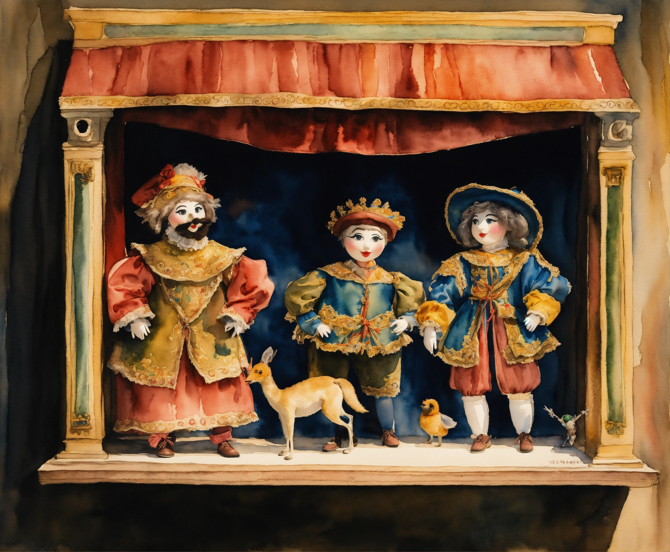 Lexica - Watercolor, very detailed, a little Venetian puppet show, with ...