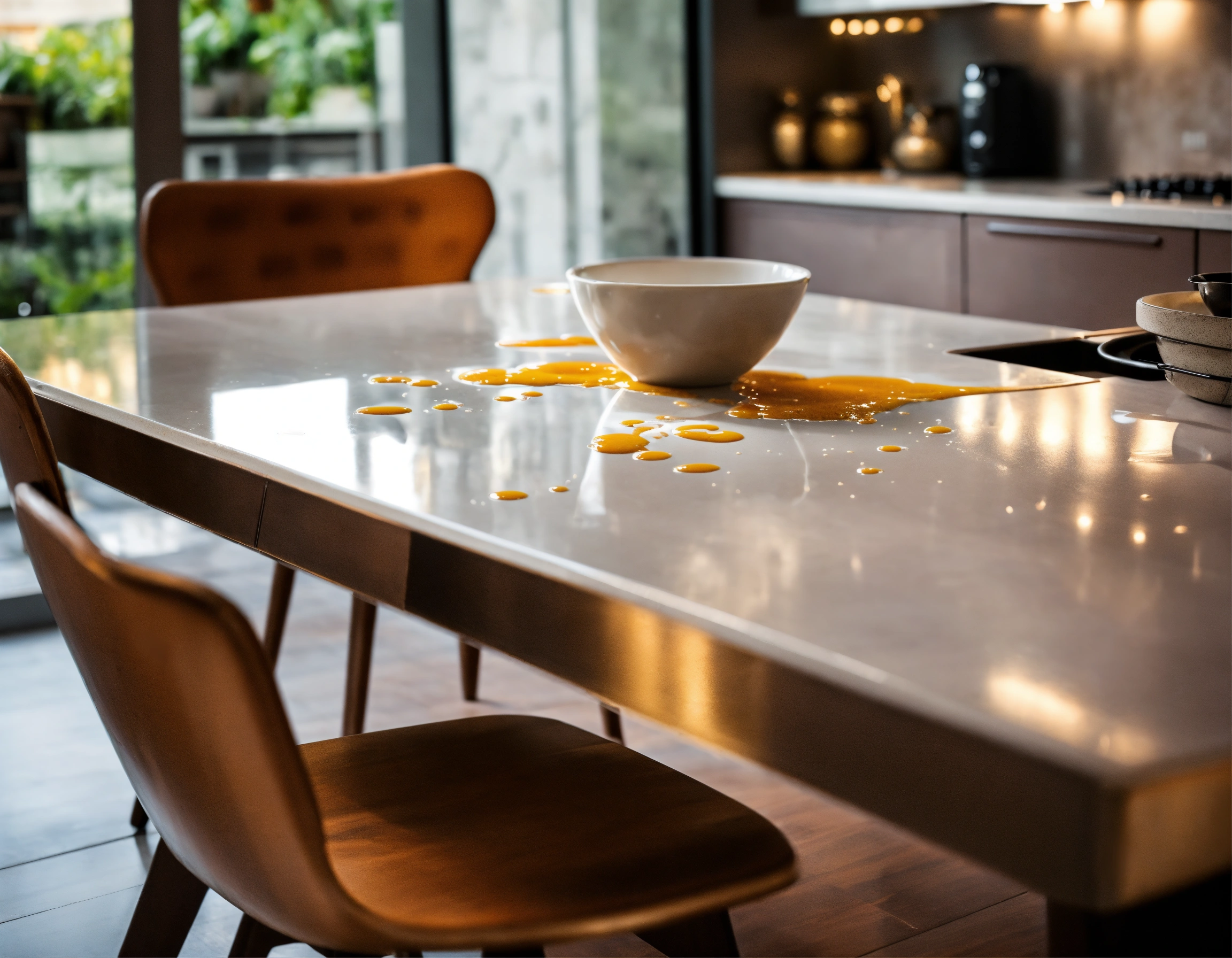Lexica - Luxury modern kitchen table, countertop with spilled milk puddle