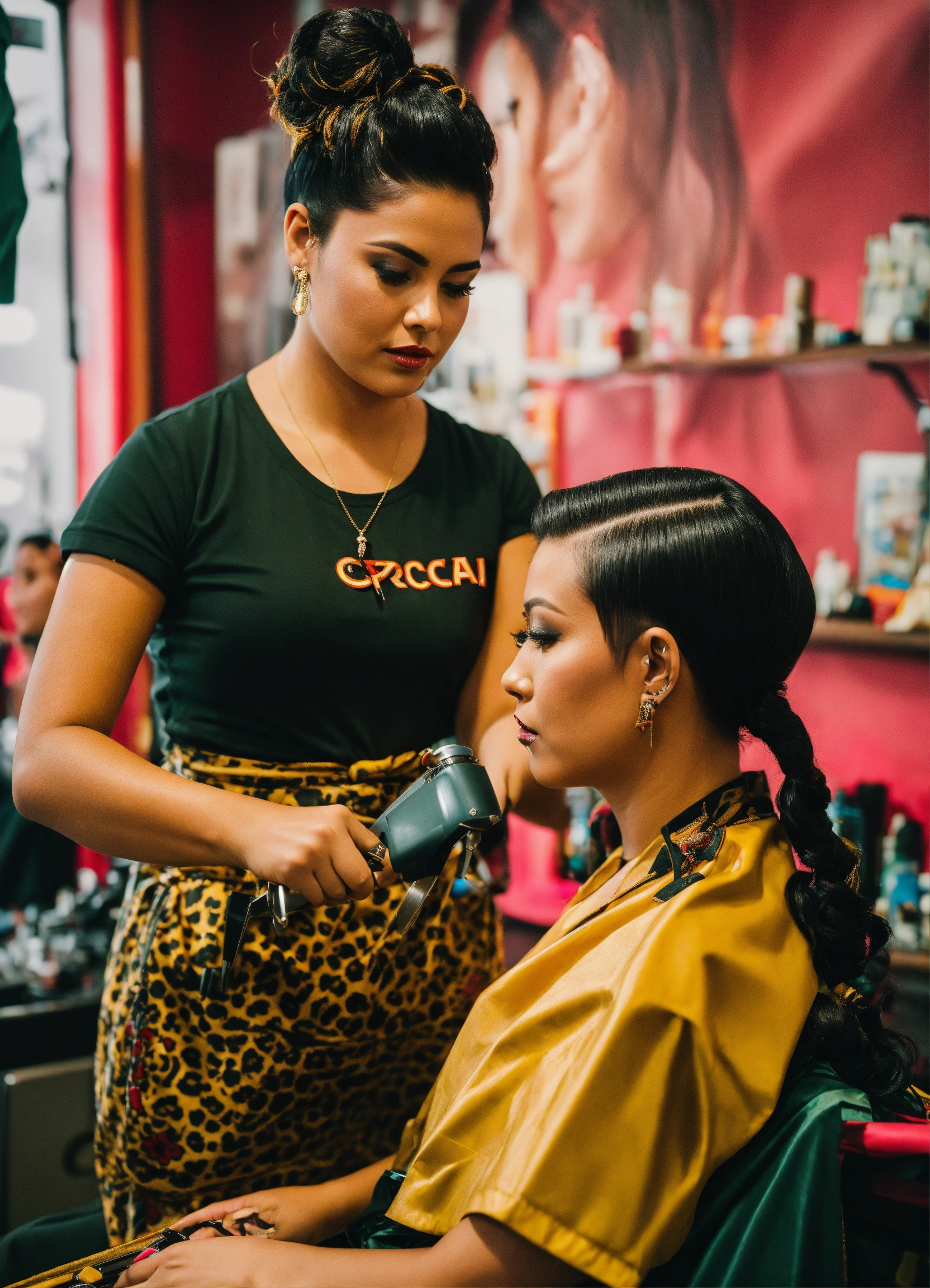 Lexica - A female stylist dressed as a chola or pachuca, cutting a ...
