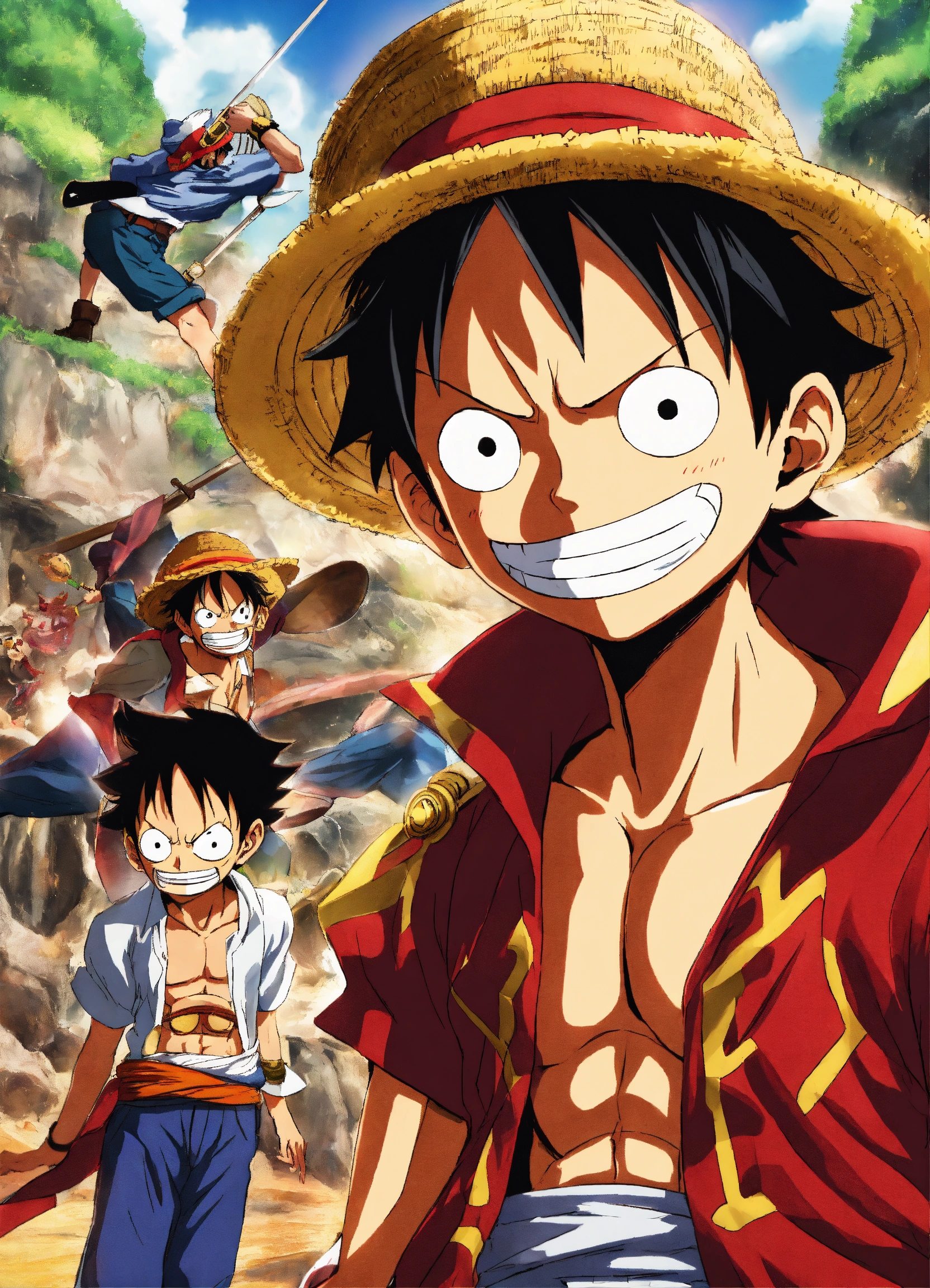 Lexica - Luffy, shiny background ,with zozo,fighting