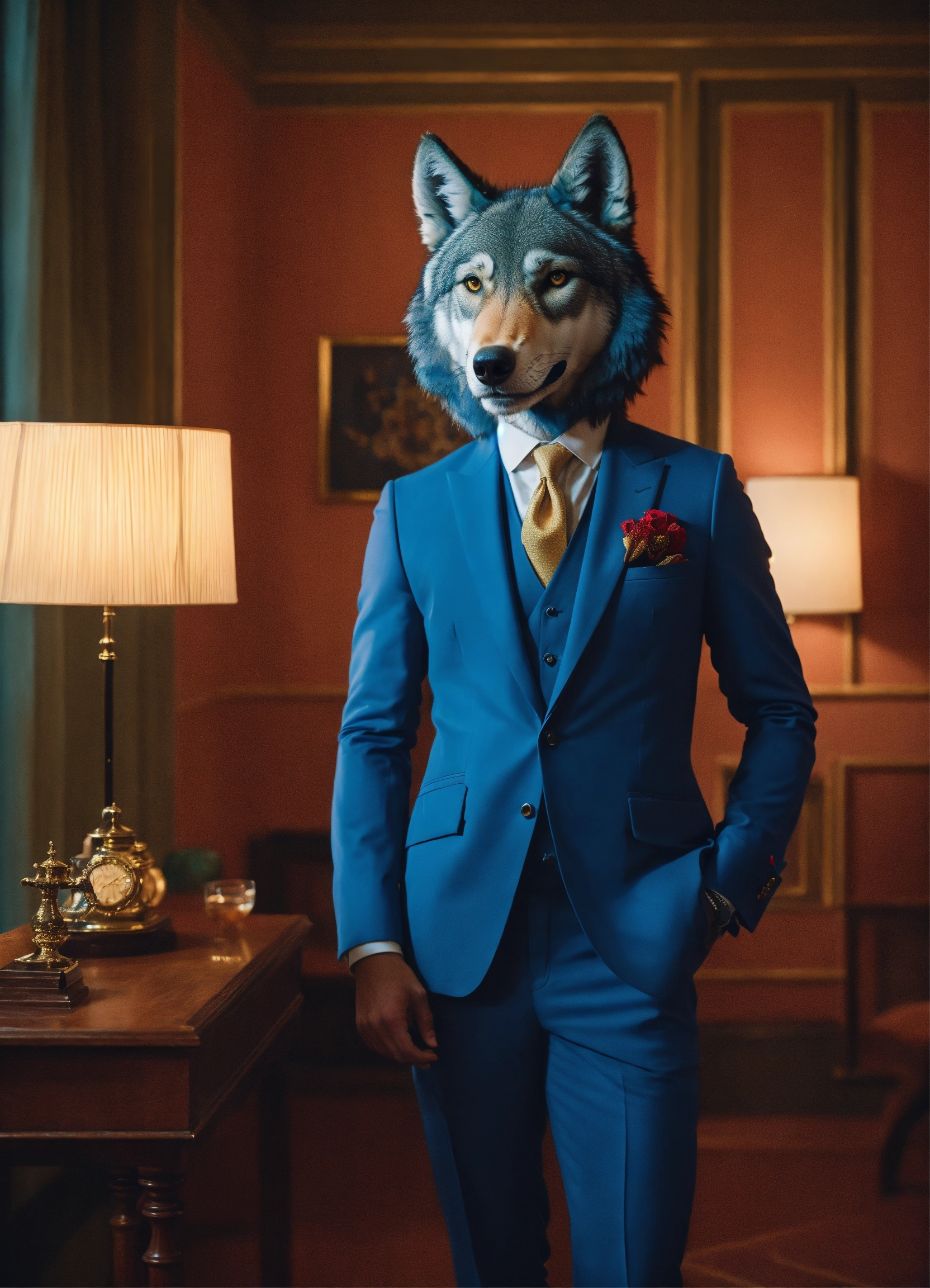 Lexica - Award - Winning Cinematic Still of wolf-Headed butler posing ...