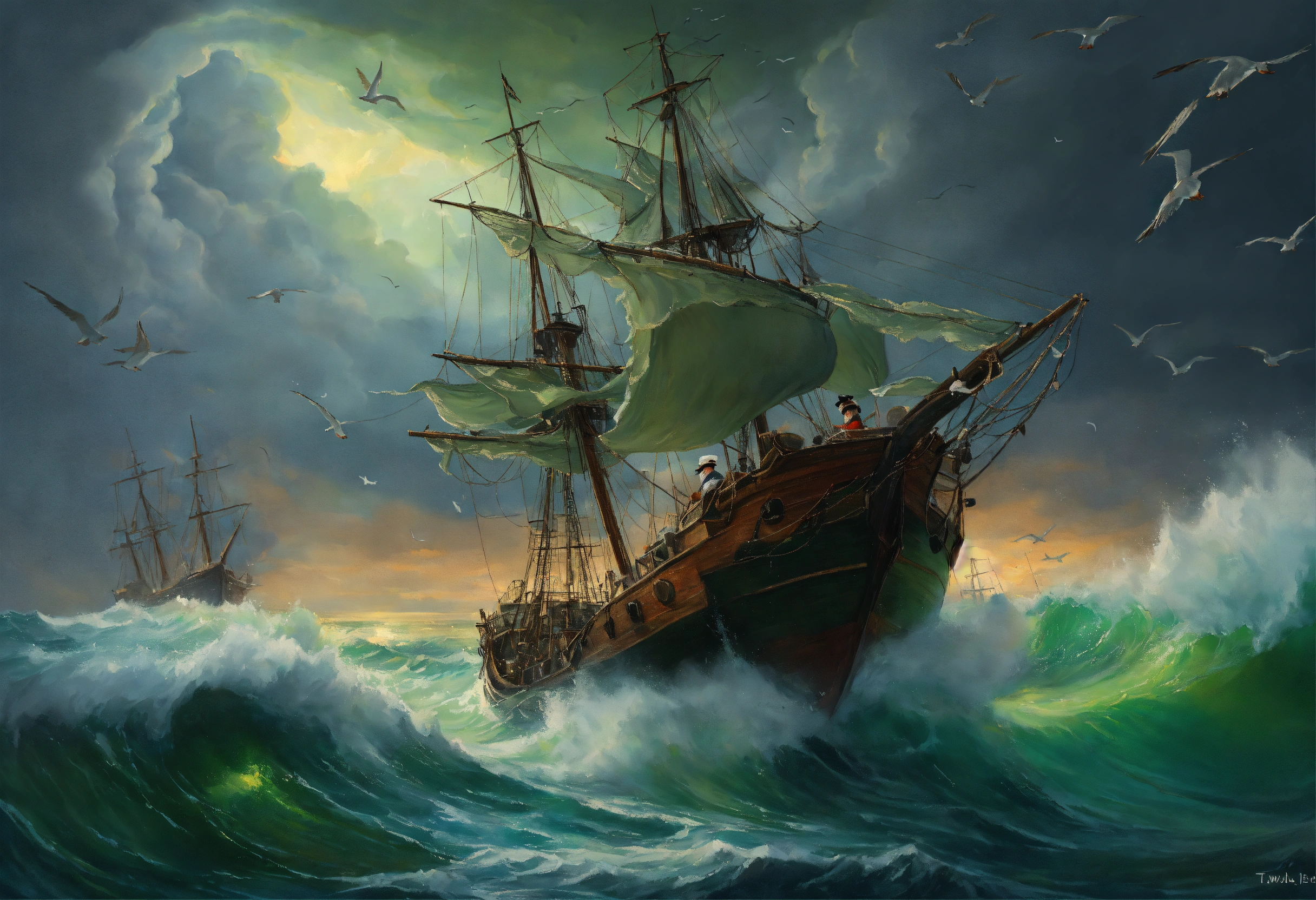 Lexica - A detailed oil painting of an old sea captain, steering his ...