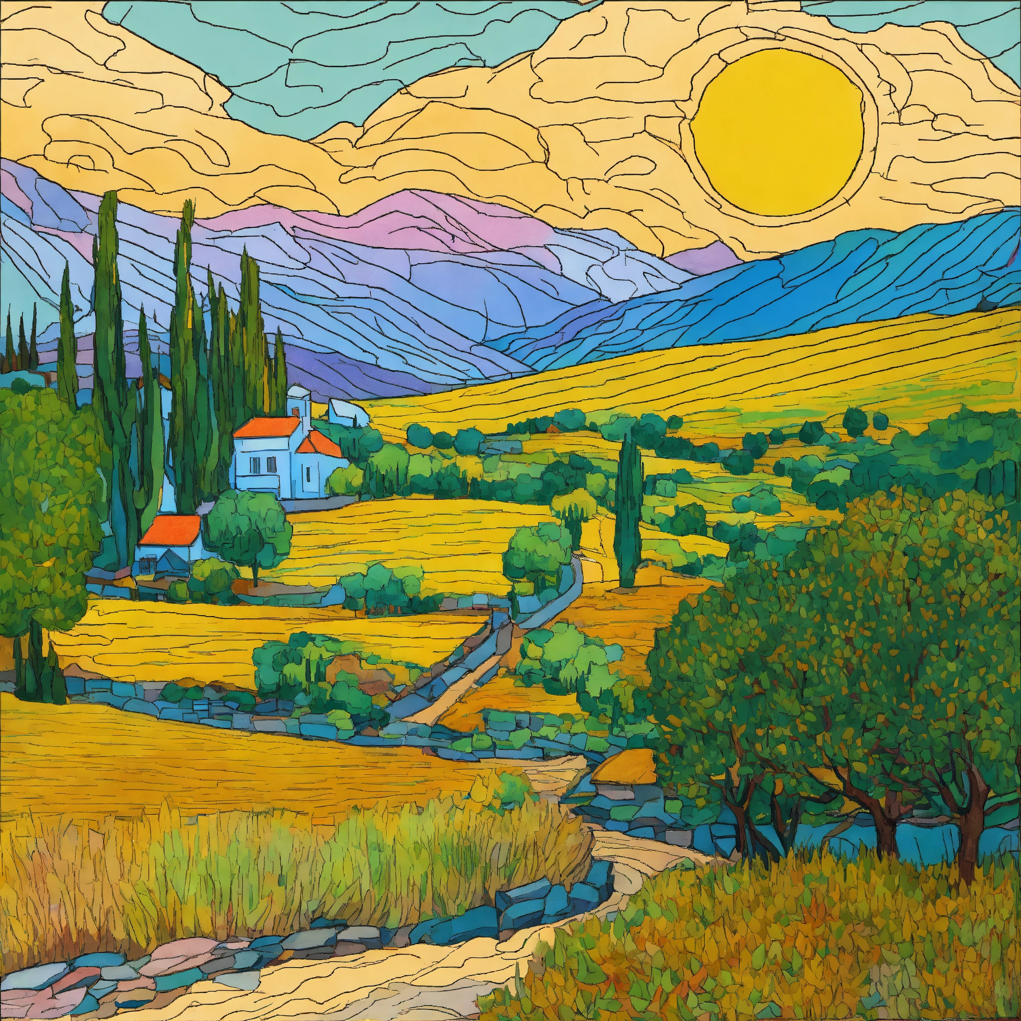 Lexica - Color line drawing of landscape, van gogh style painting