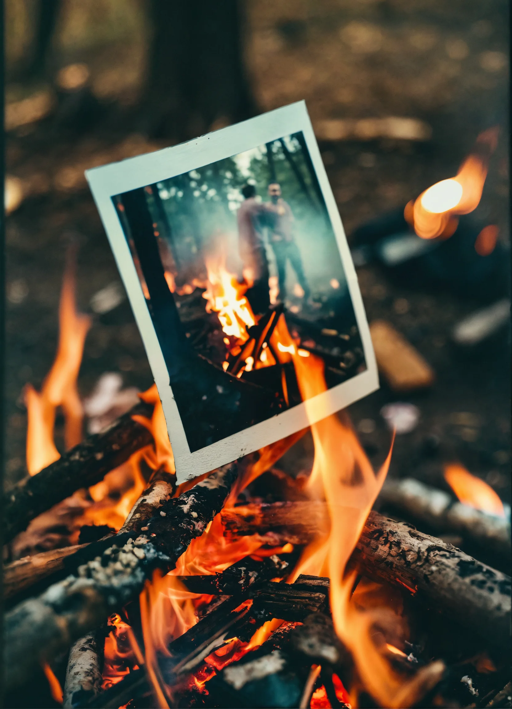 Lexica - Close shot of polaroïd pictures burning in a big bonfire. In ...