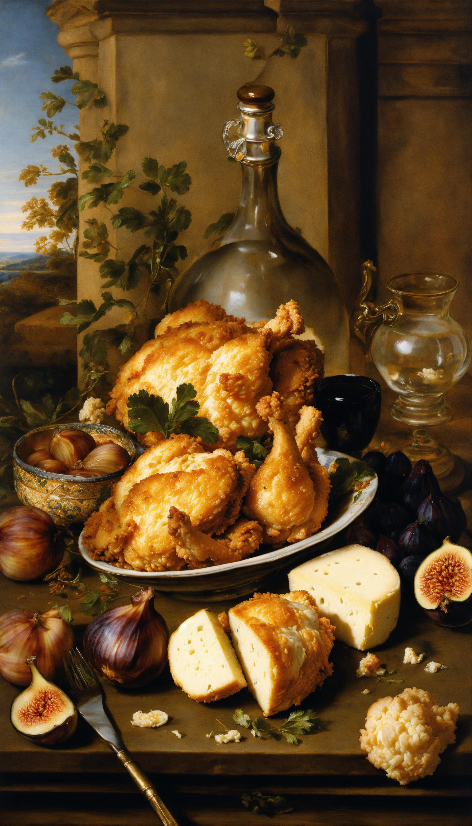 Lexica - Still life with fried chicken, cheeses, onions and figs by ...