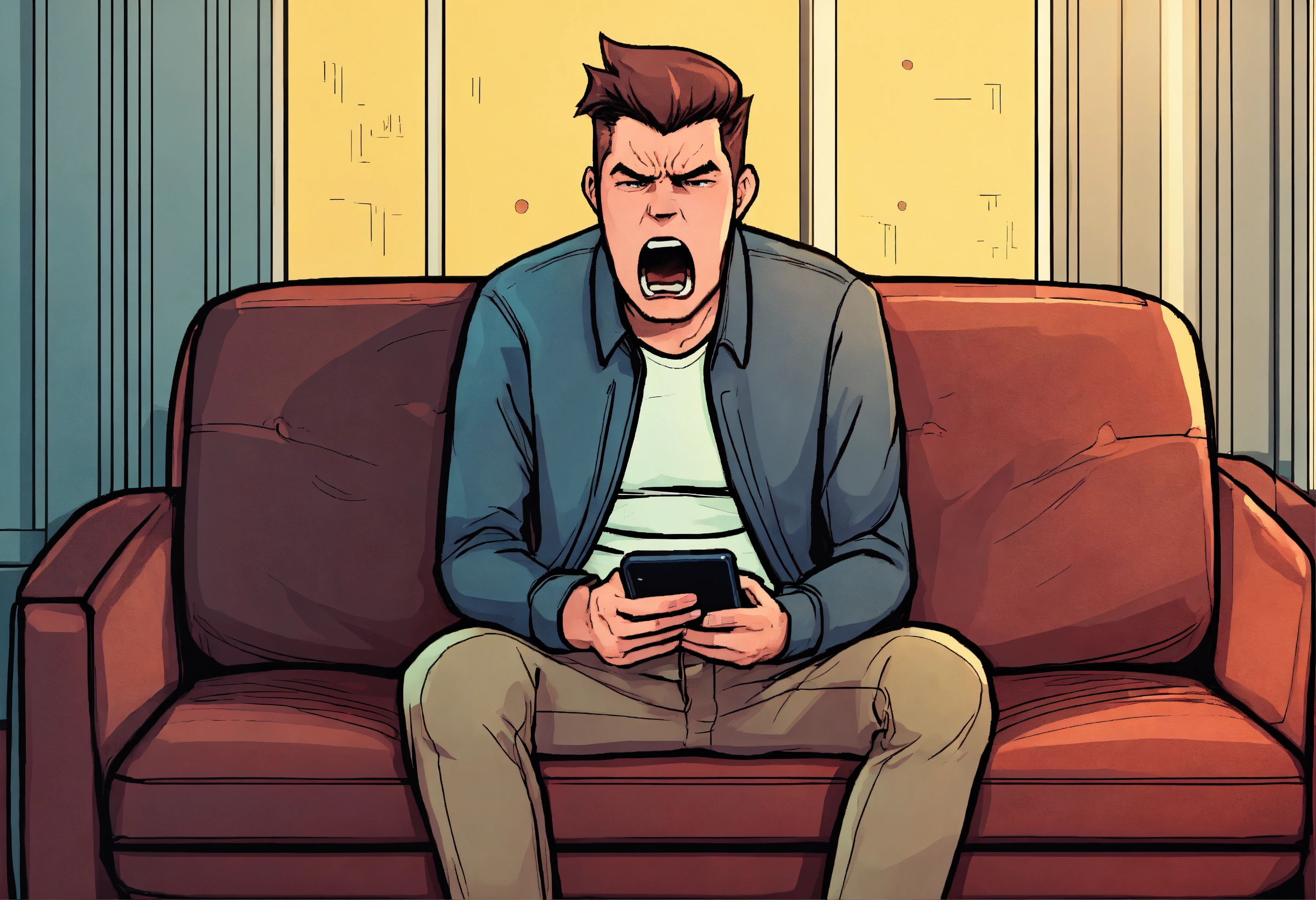 Lexica - A man is sitting on a couch. he is yelling into his smartphone ...